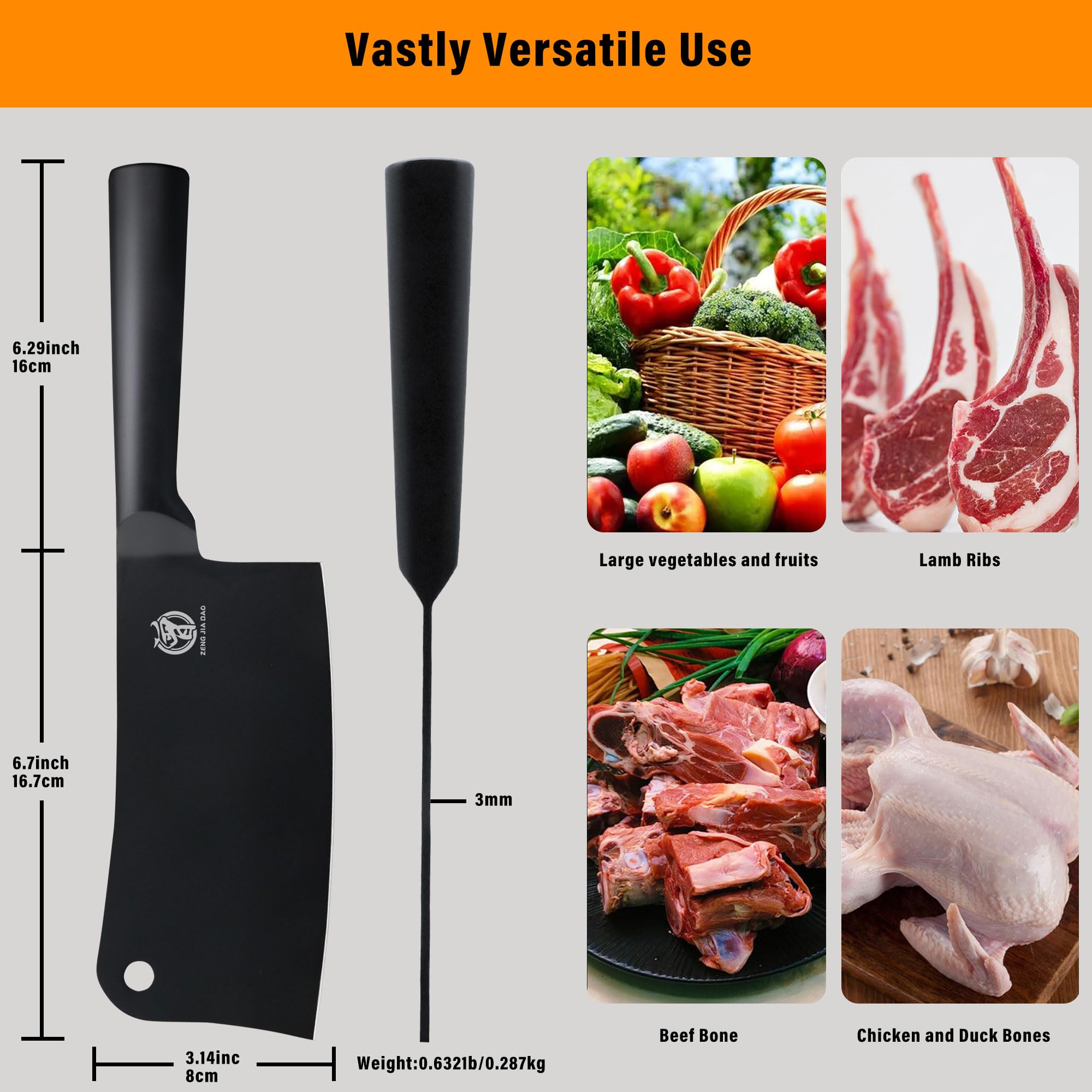 ZENG JIA DAO Meat Cleaver Knife, 6.7" Stainless Steel Butcher Chopper with Black Coating Ergonomic Sturdy Handle 2024 Gift
