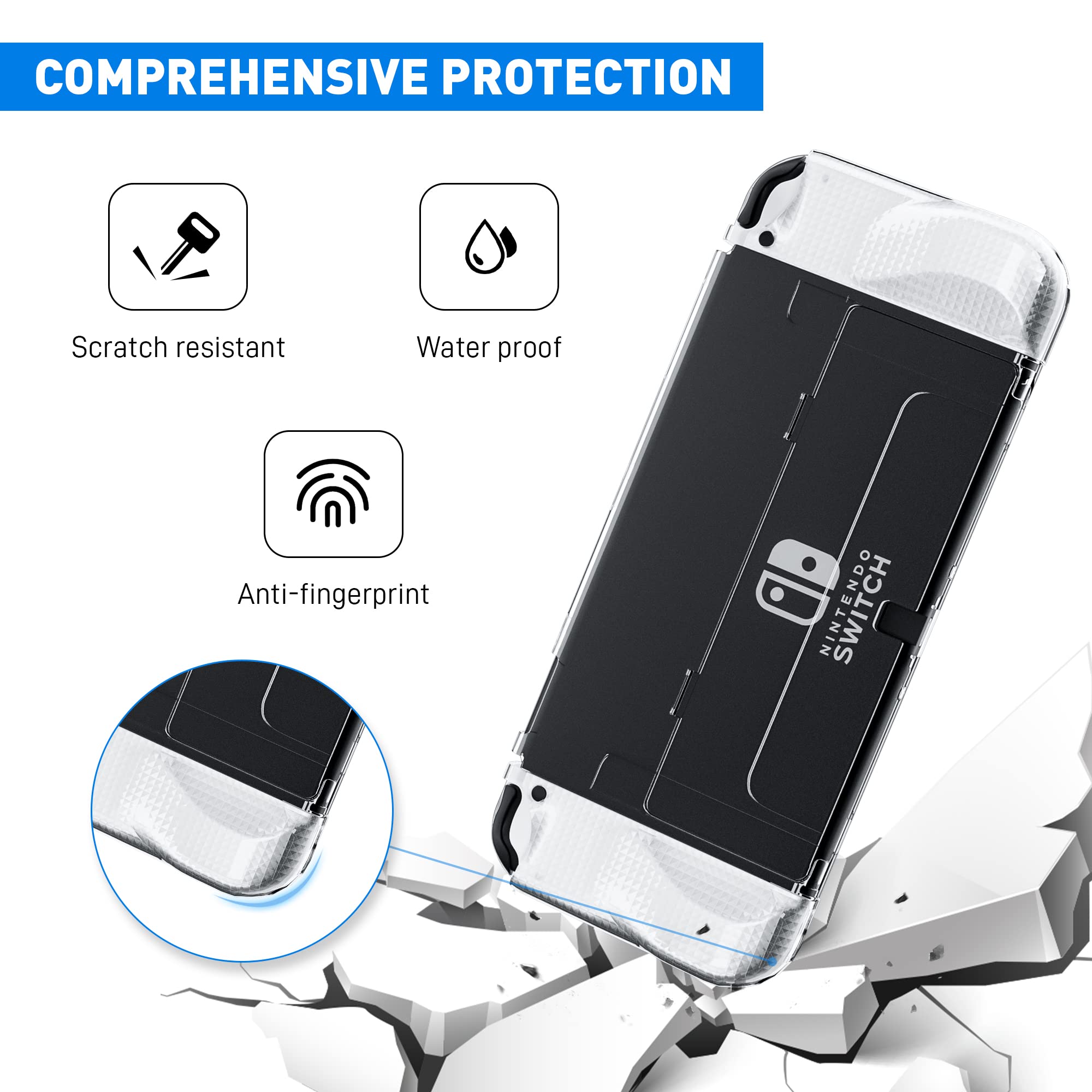 LASTYAL Flip Protective Clear Case Compatible with Nintendo Switch OLED, Hard PC Console Flip Shell and Grid Pattern Comfortable Grip Cover for Joycon Controller