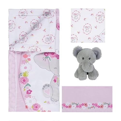 Sammy & Lou Elephant Garden 4-Piece Baby Nursery Crib Bedding Set for Girls, Includes Quilt, Fitted Crib Sheet, Crib Skirt, and Plush Toy