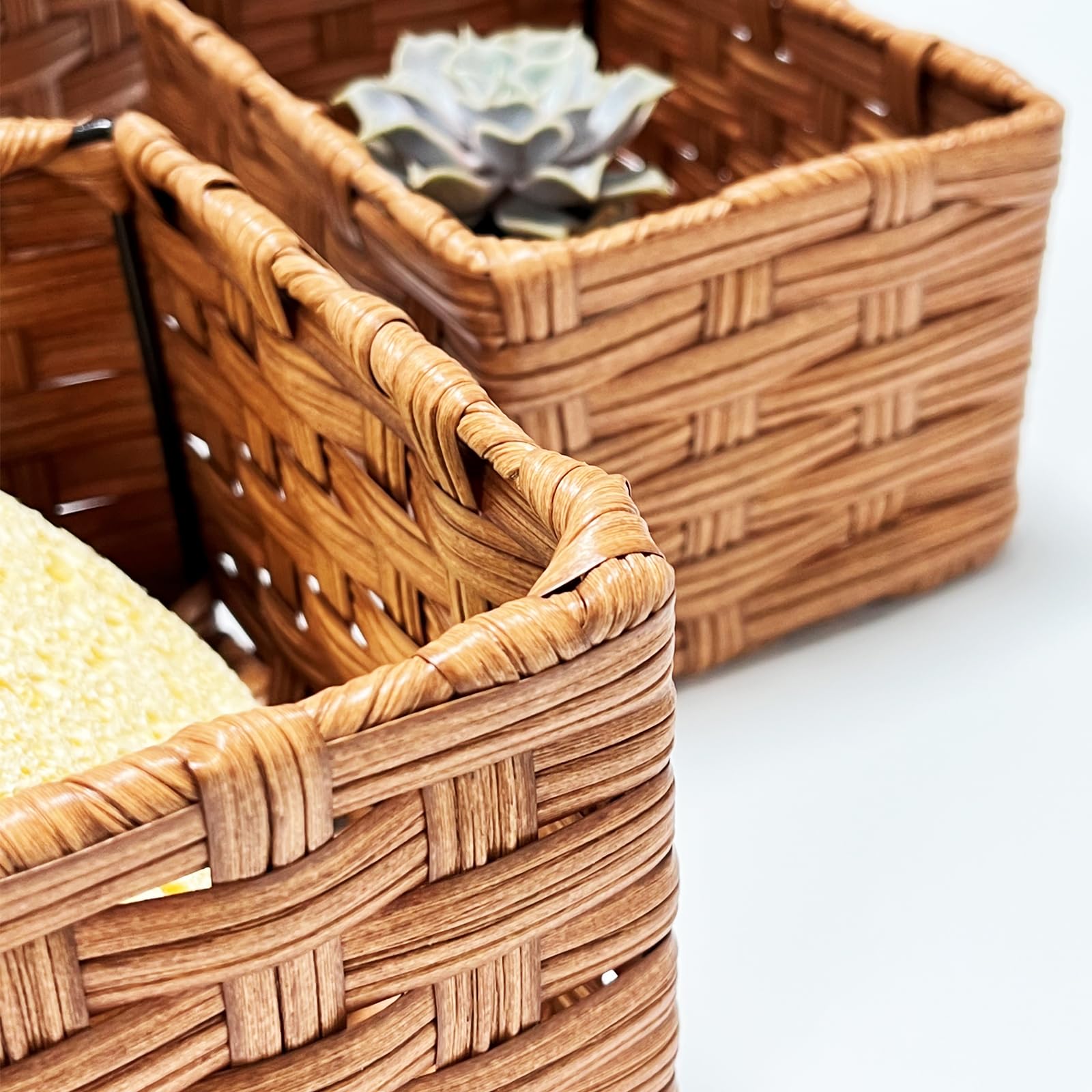 MaraFansie Wicker Storage Baskets Wicker Baskets for Shelves Recycled Plastic Storage Bin for Cupboards Drawer Closet Shelf, Waterproof Nesting Lined Caramel, Set of 3