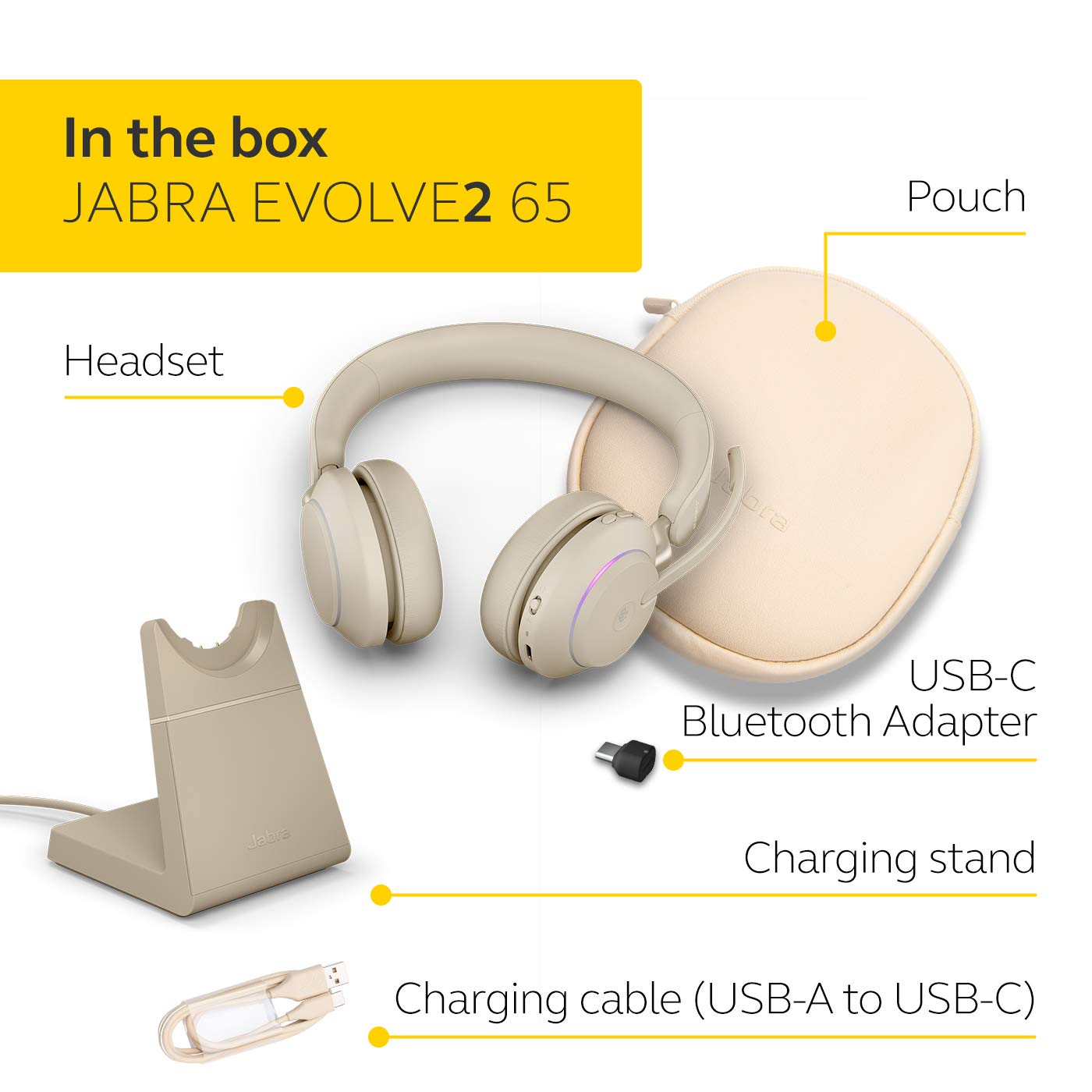 Jabra Evolve2 65 USB-C MS Stereo with Charging Stand - Beige Wireless Headset/Music Headphones