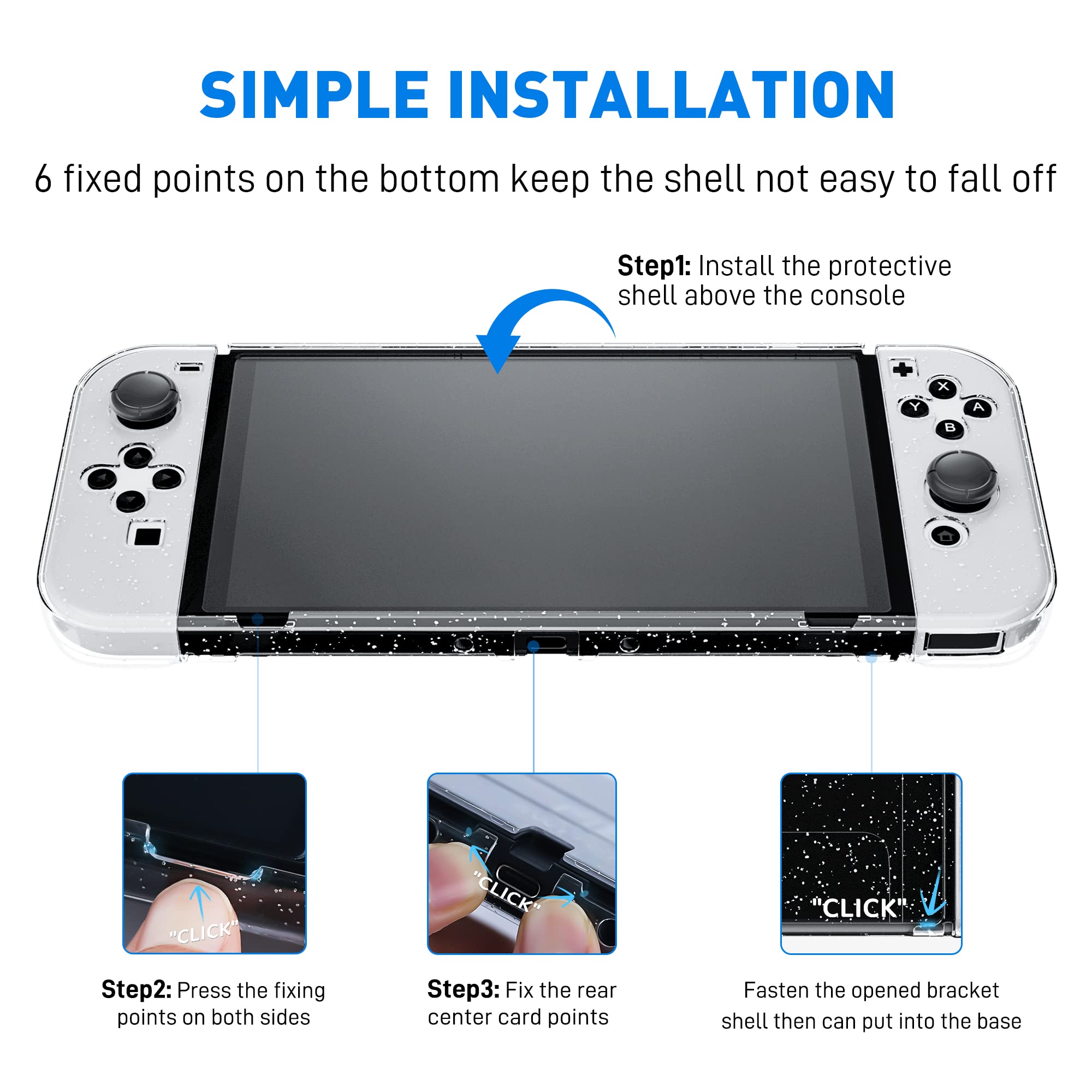 LASTYAL Glitter Flip Clear Case Compatible with Nintendo Switch OLED, Hard Console Protective Case and TPU Shell for Joycon Controller with Screen Protector and 12 Thumb Grip Caps