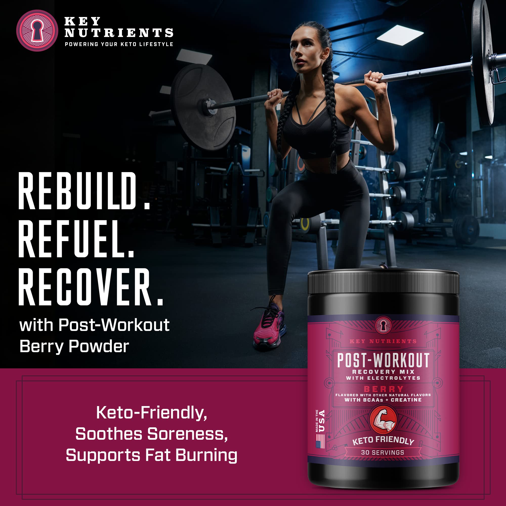 KEY NUTRIENTS Multivitamin Electrolytes BCAA Powder - Post Workout and Recovery Drink Creatine Supplement - Muscle Recovery & Muscle Builder for Men & Women