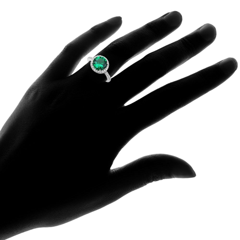 Ice Gems Sterling Silver Simulated Emerald and Cubic Zirconia Round Halo Ring, Size 8