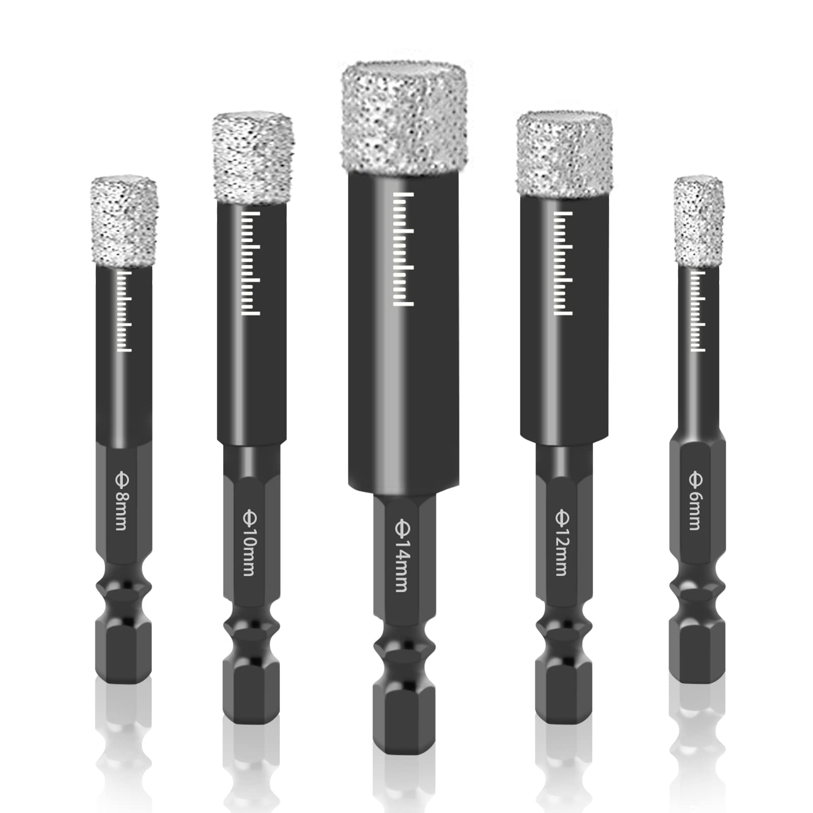Quapkatt Dry Diamond Drill Bits Set 5 PCs for Granite Tile Ceramic Marble Stone Glass Size 1/4, 5/16, 3/8, 1/2, 5/9 inch with Quick Change Hex Shank Vacuum Brazed Diamond Core Drill Bit Kit