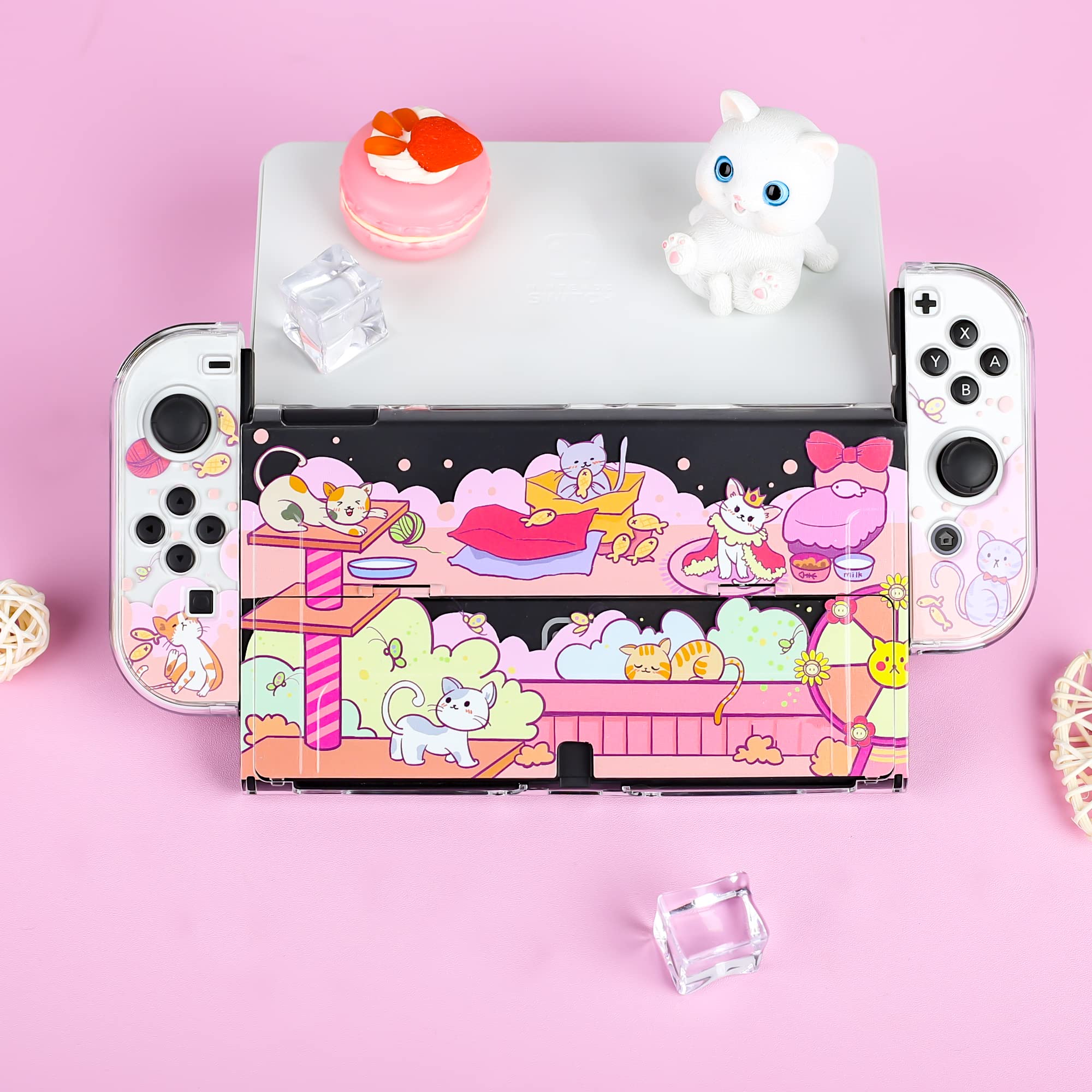 LASTYAL Pink Dockable Cover Case for Nintendo Switch OLED with Cute Cats, Transparent Protective Shell Compatible with Switch OLED Console, Comfortable Grip Shell for Joycon Controller - Cats Paradise