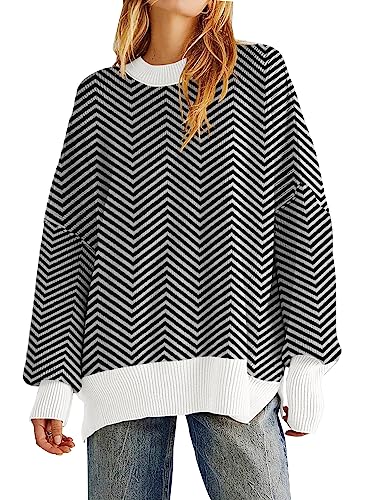 Women's Oversized Crewneck Sweaters Batwing Long Sleeve Side Slit Ribbed Knit Pullover Sweater Tops C-Black