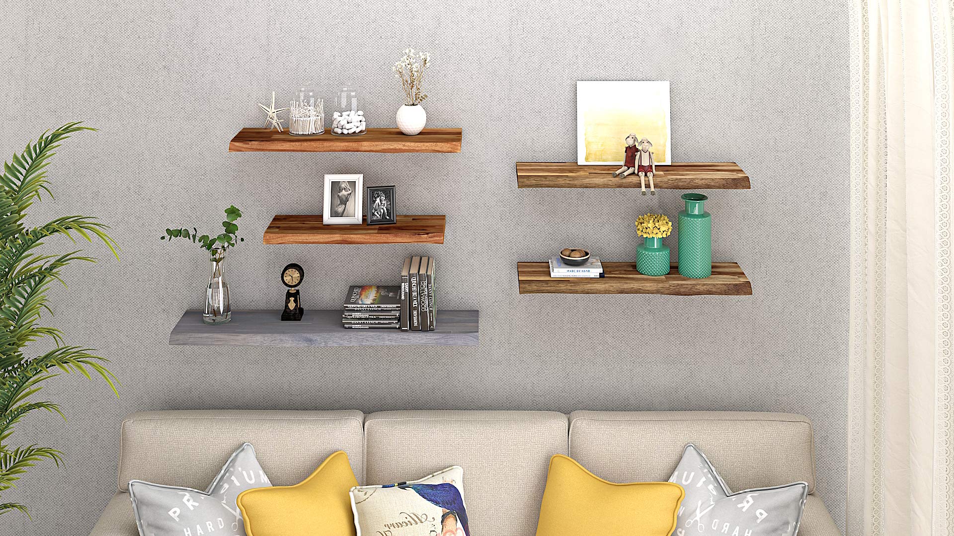 INTERBUILD REAL WOOD Wall Mounted Floating Shelf, Solid Acacia Wood with Exposed Natural Edge 47" x 10", Holds up to 22lbs. - Golden Teak