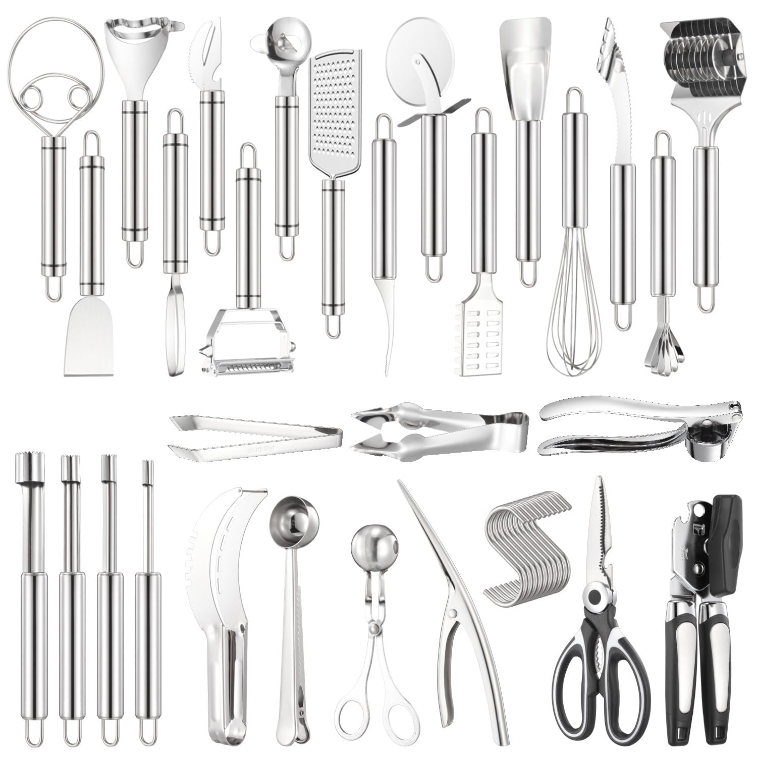 ISACCO 39-pcs Stainless Steel Kitchen Gadget Set - Home Kitchen Tools and Gadget Set with Hanging Hooks