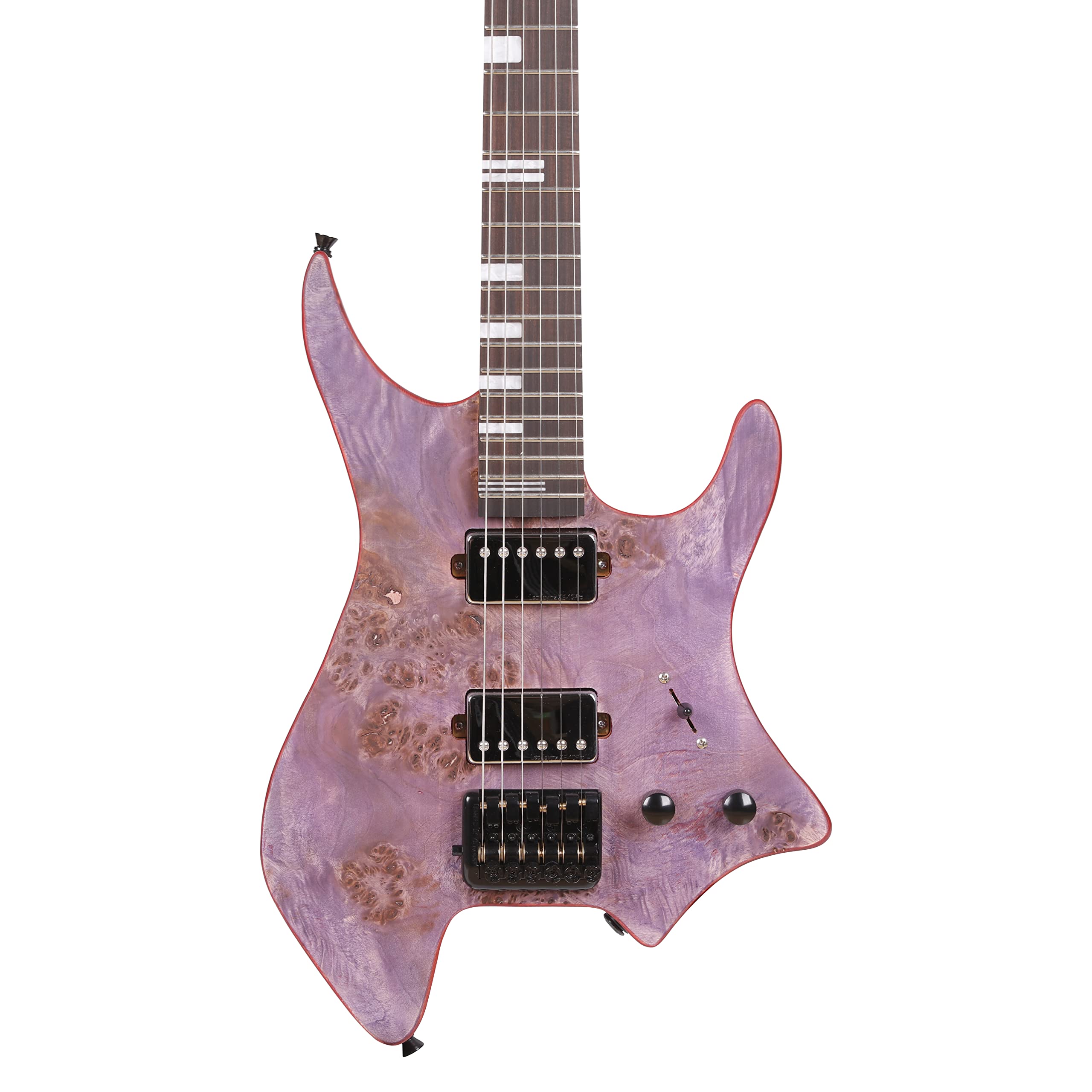 Leo Jaymz 6 Strings Headless Electric Guitar - Full Scale Travel Guitar - Mahogany Body and 5 piece Maple Neck - Burl Veneer,rounded end frets,Customized Pickups (Purple)