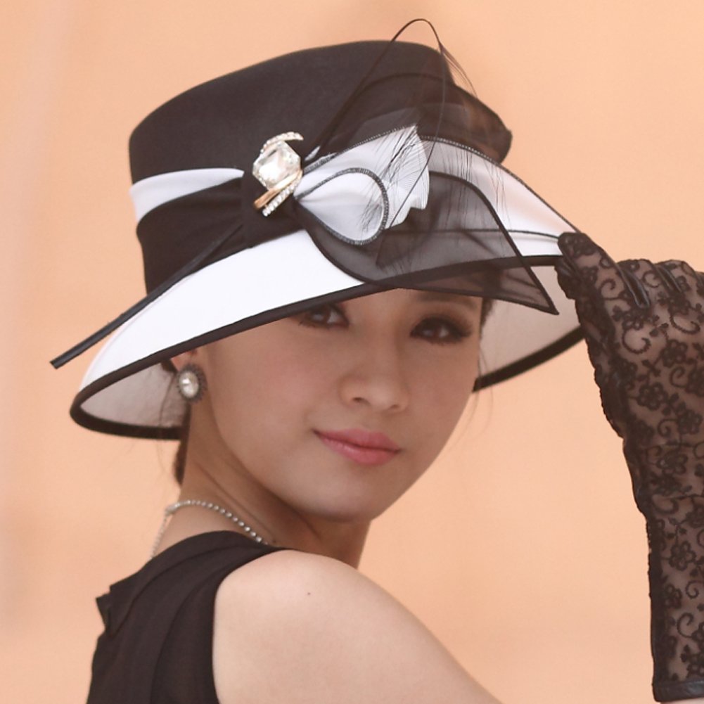 June's Young Women Church Hats Formal Dress Derby Hats with Feather Elegant Bucket Hats (Black/white)
