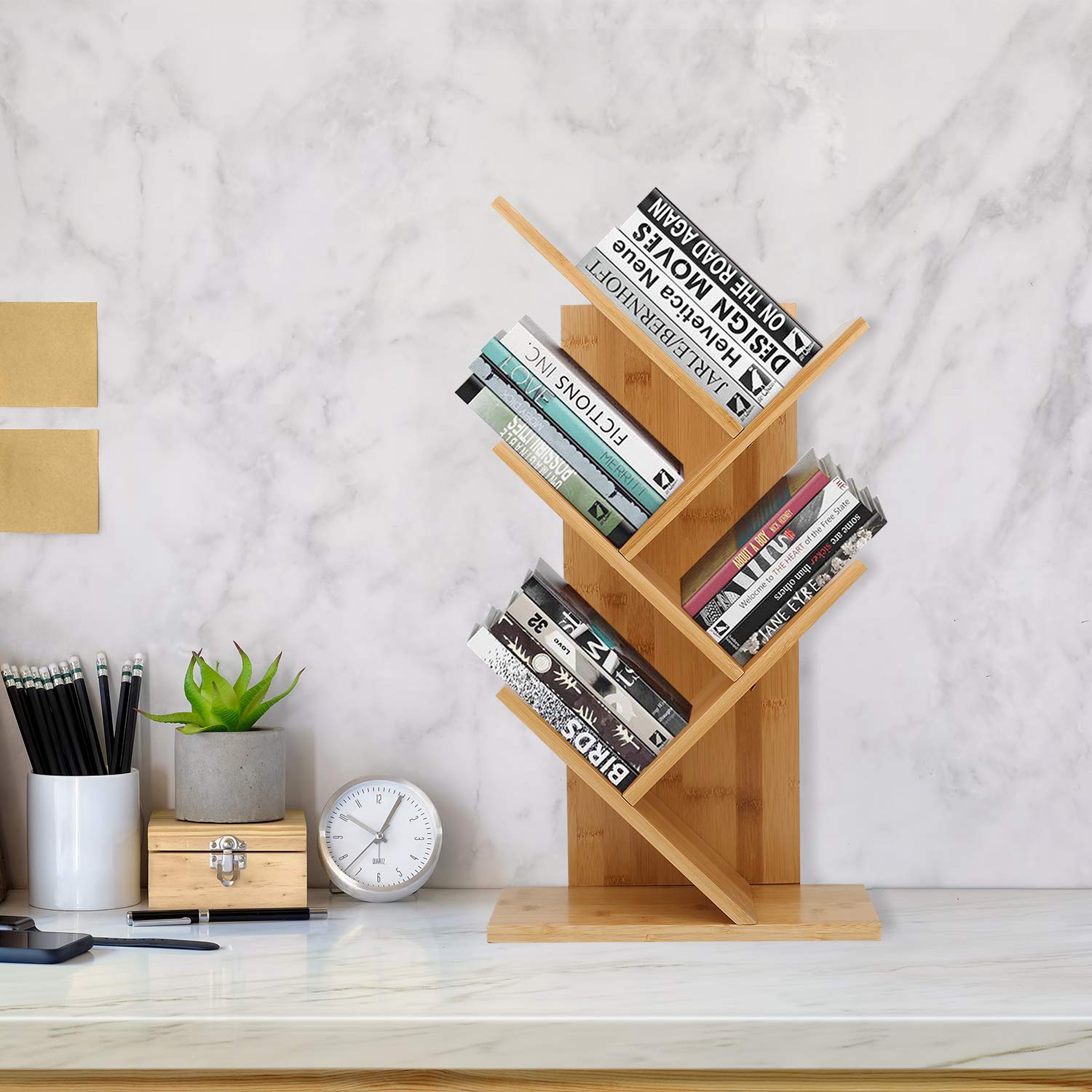 JIIKOOAI Tree Bookshelf Book Rack, Display Storage Bookcase,Magazine Rack, Multi-Tier Floor Free Standing Wood Bookshelf 4 Tier Decor Bookshelf for Living Room, Home Office