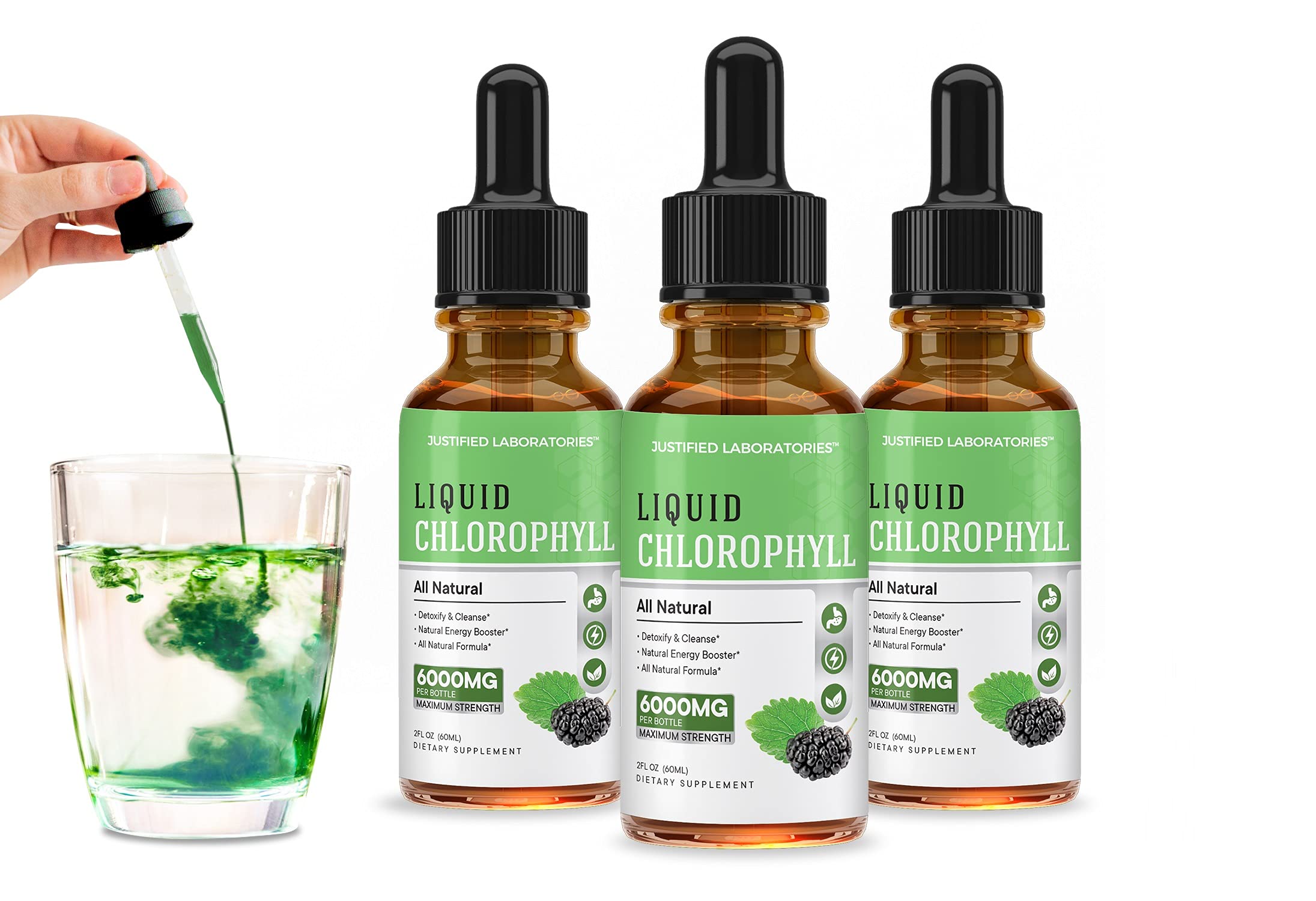 Justified Laboratories Liquid Chlorophyll Drops 6000MG Maximum Strength Green Concentrate Packed with Antioxidants Minerals and Vitamins 2 FL OZ Bottle (3 Bottles)