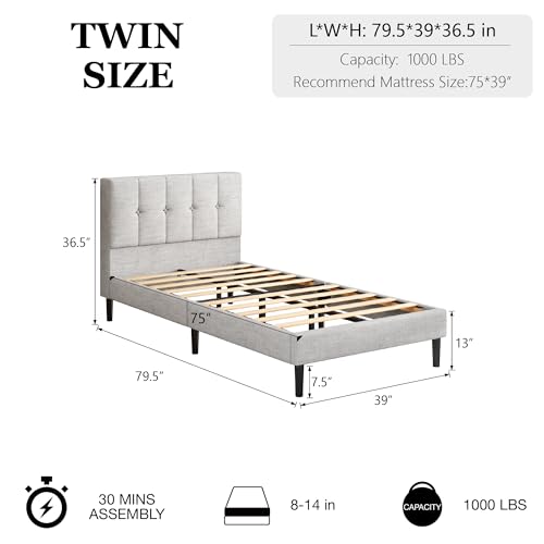 viplov Twin Size Platform Bed Frame with Upholstered Headboard, Mattress Foundation with Wooden Slats Support, Easy Assembly, Noise Free, No Box Spring Needed, Light Grey