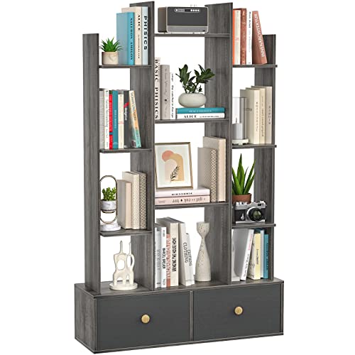 Unikito Book Shelf with 2 Drawers Free Standing Bookcase, Office Storage Shelf Organizer with 12 Open Bookshelf, Industrial Wood Book Case Display Rack for Bedroom, Living Room Home Office, Gray Oak