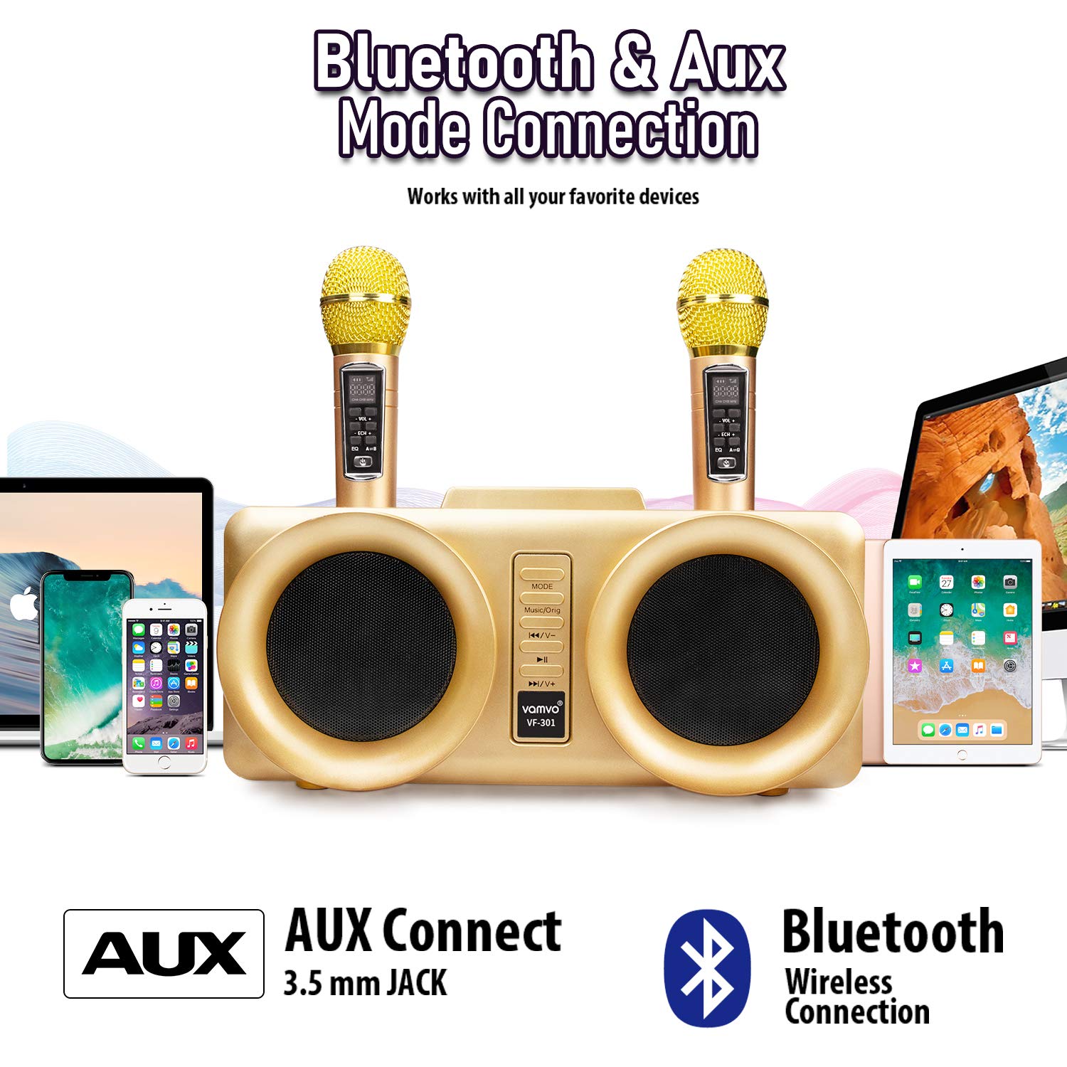 Karaoke Machine, vamvo VF-301 15W*2 Rechargeable Bluetooth Speaker with 2 Wireless Microphone, Portable PA Speaker System for Kids & Adults