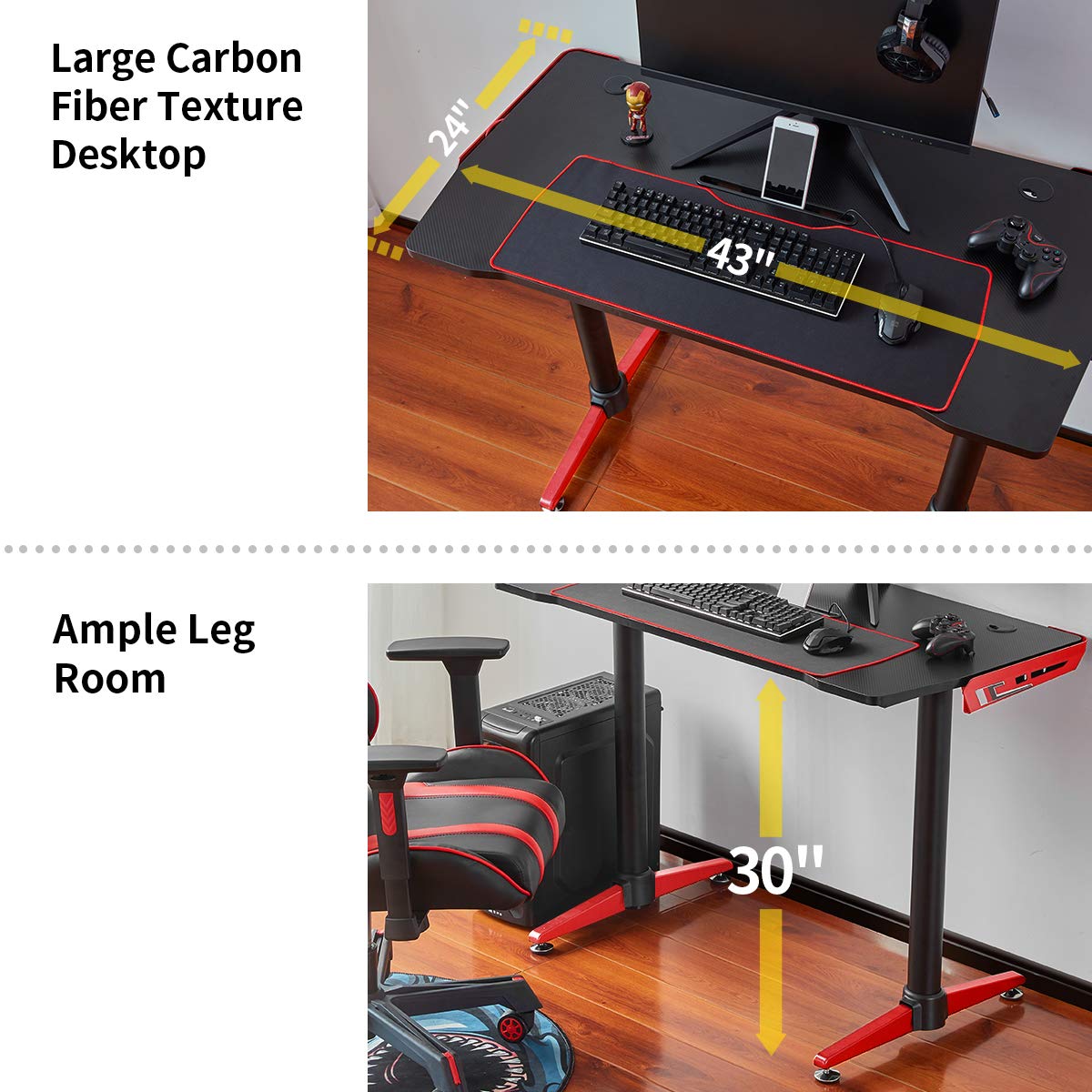 It's_Organized Ergonomic Gaming Desk, 44 Inch Small PC Computer Desk, Corner Gaming Table Gamer Workstation for Boy, Red