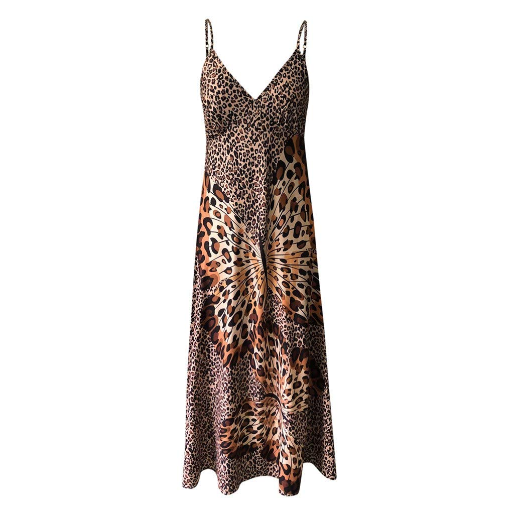 Leopard Sling Dress for Women Deep V Neck Pattern Long Dress Spaghetti Straps Sleeveless Maxi Dress