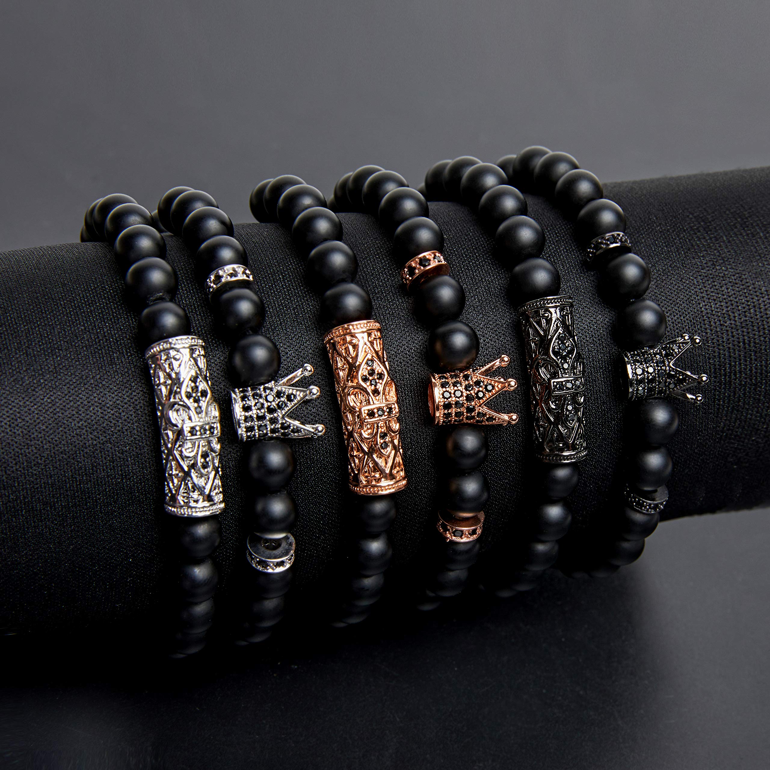 KAMRESH 8mm Beads Bracelets Black Matte Onyx Stone Bracelet Sets Charm King Crown for Women Men Jewelry