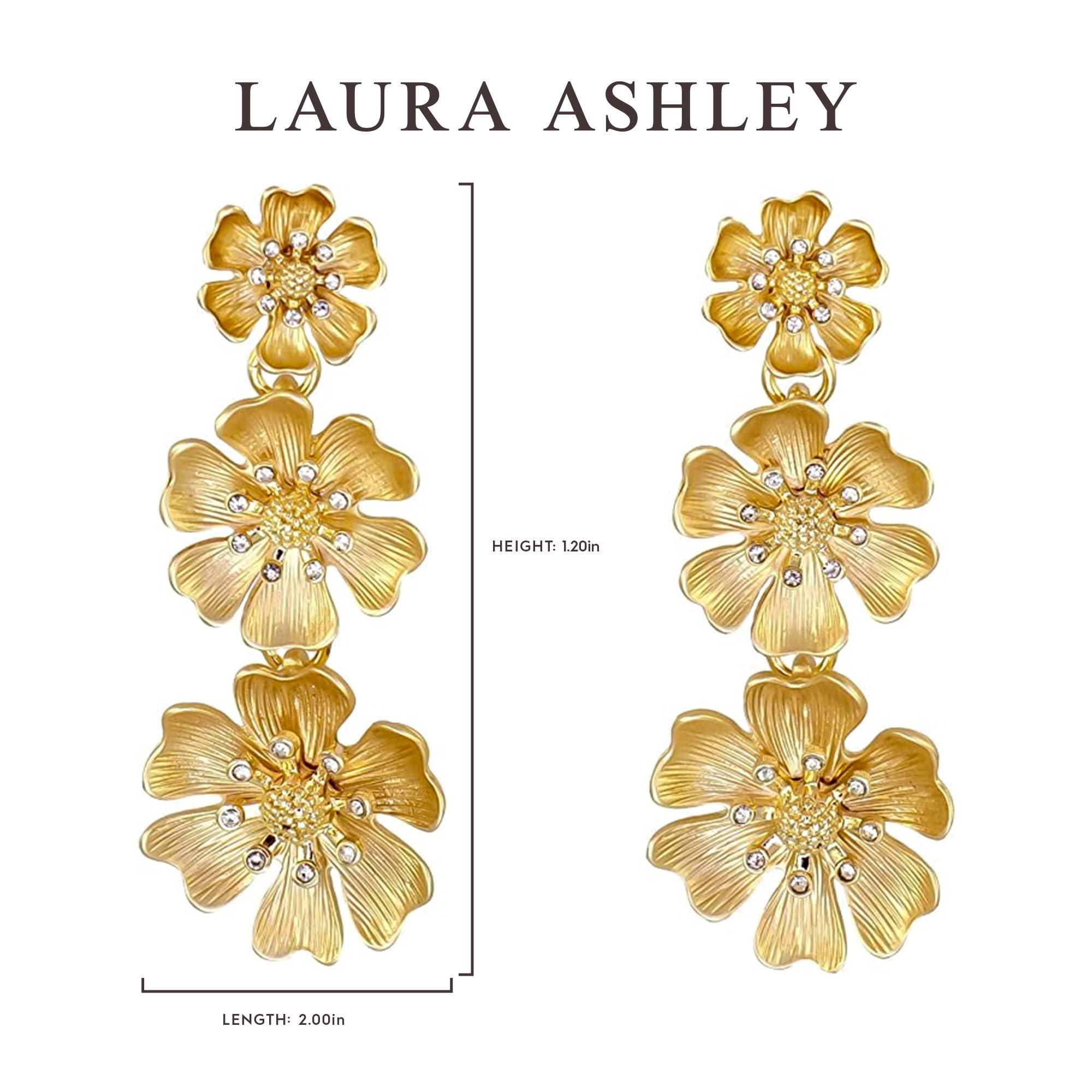 Laura Ashley Womens Jewelry Gold Triple Flower Drop Floral Dangle Earrings with Crystal