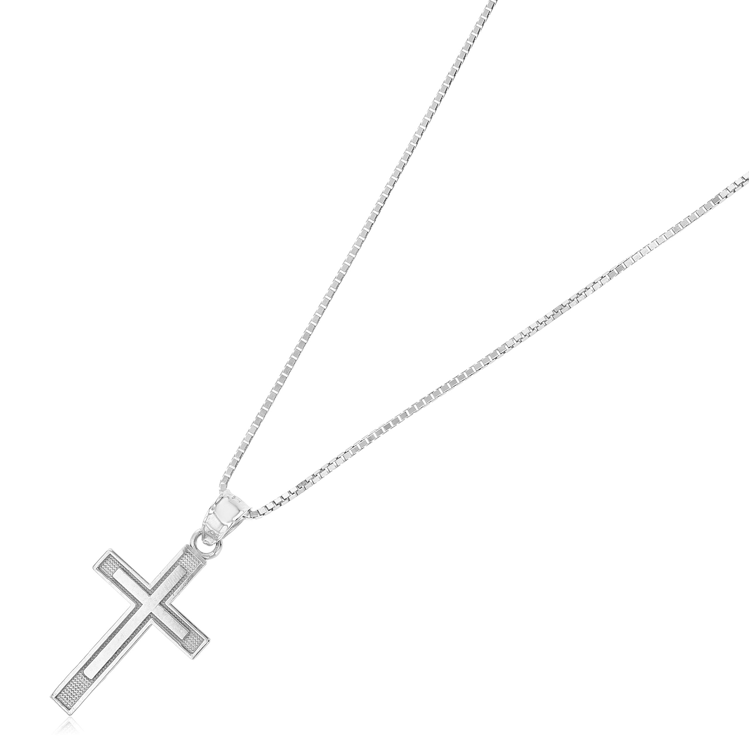 Ioka 14K White Gold Cross Religious Charm Pendant with 0.8mm Box Chain Necklace - 24"