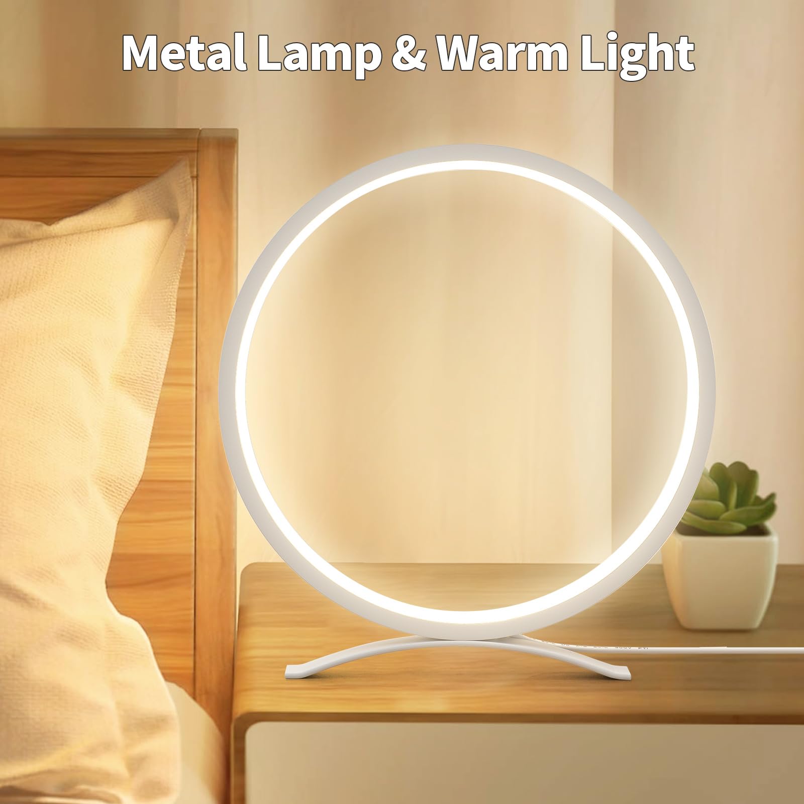 MAYTHANK Desk Lamp,Metal Circle Ring Table Lamps Bedside Lamp for Nightstand, Modern Minimalist Lamps/Led Warm Light for Bedroom/Living Room,10 Inch