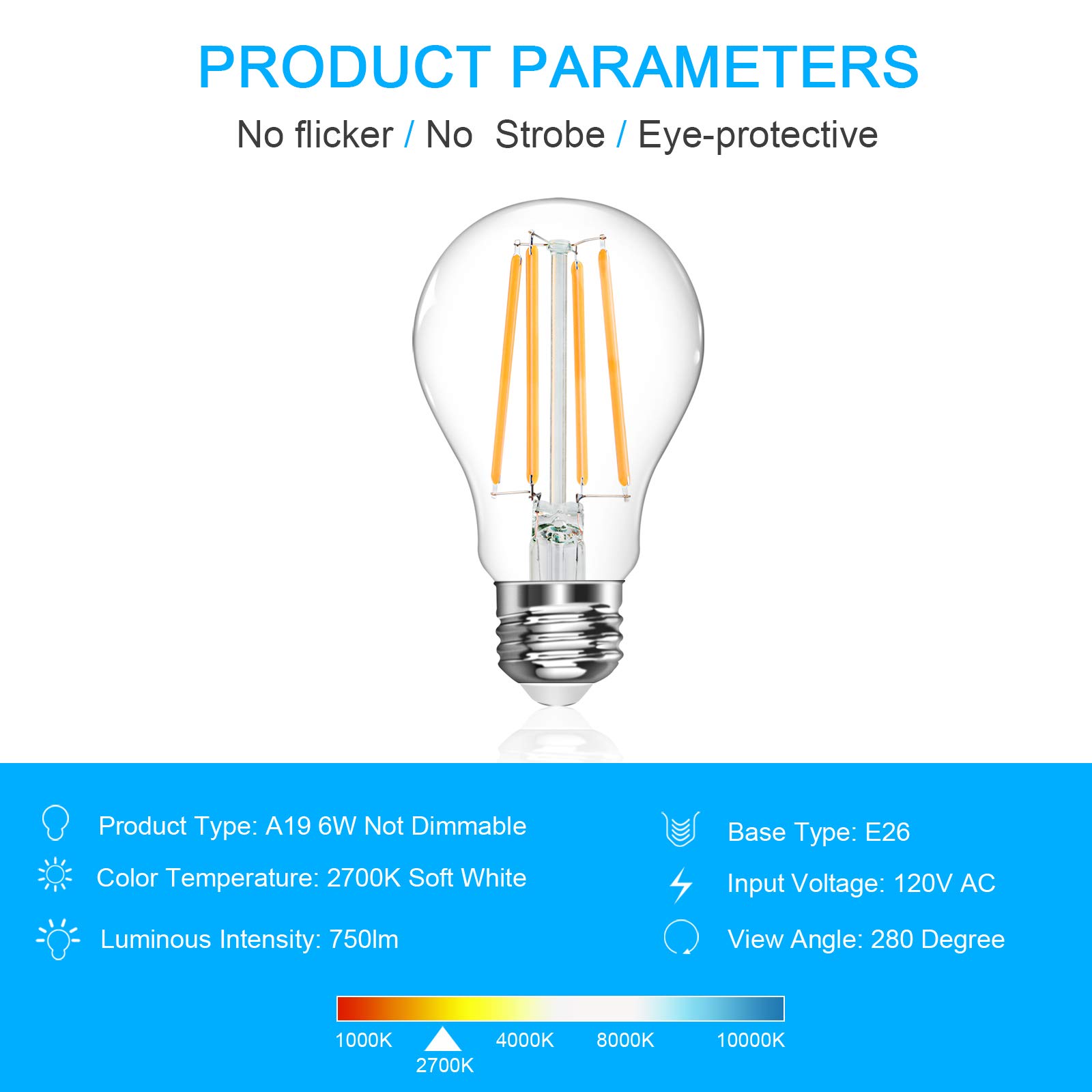 LANGREE A19 LED Light Bulb, 6W(Equivalent 60 Watt), 2700K Soft White, E26 Medium Base Led Bulb, CRI 80+ Light Bulb, Non-Dimmable, Standard Replacement, Pack of 6