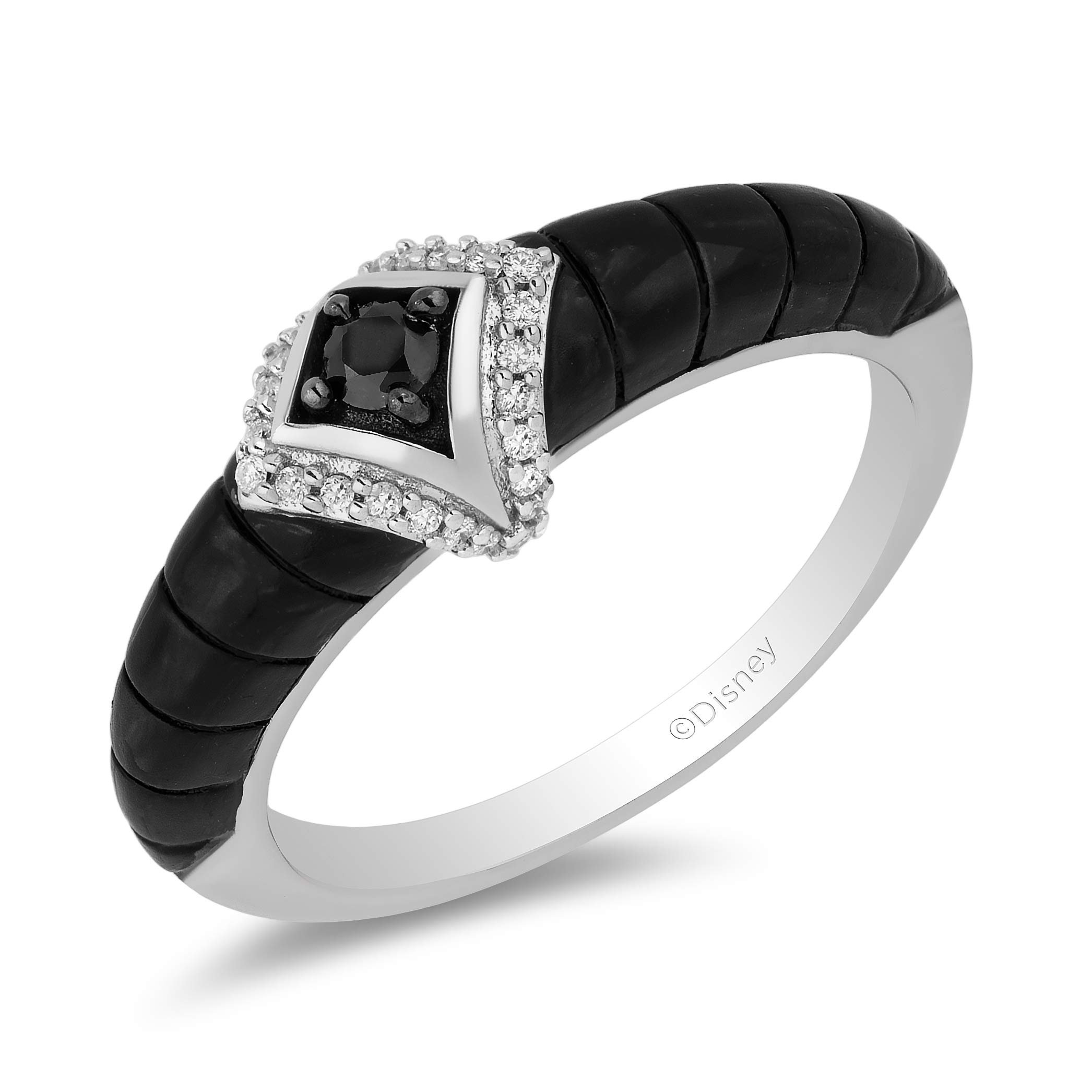 Jewelili Enchanted Disney Fine Jewelry Sterling Silver with Black Rhodium 1/6 Cttw Diamond Maleficent Horn Ring Size 6