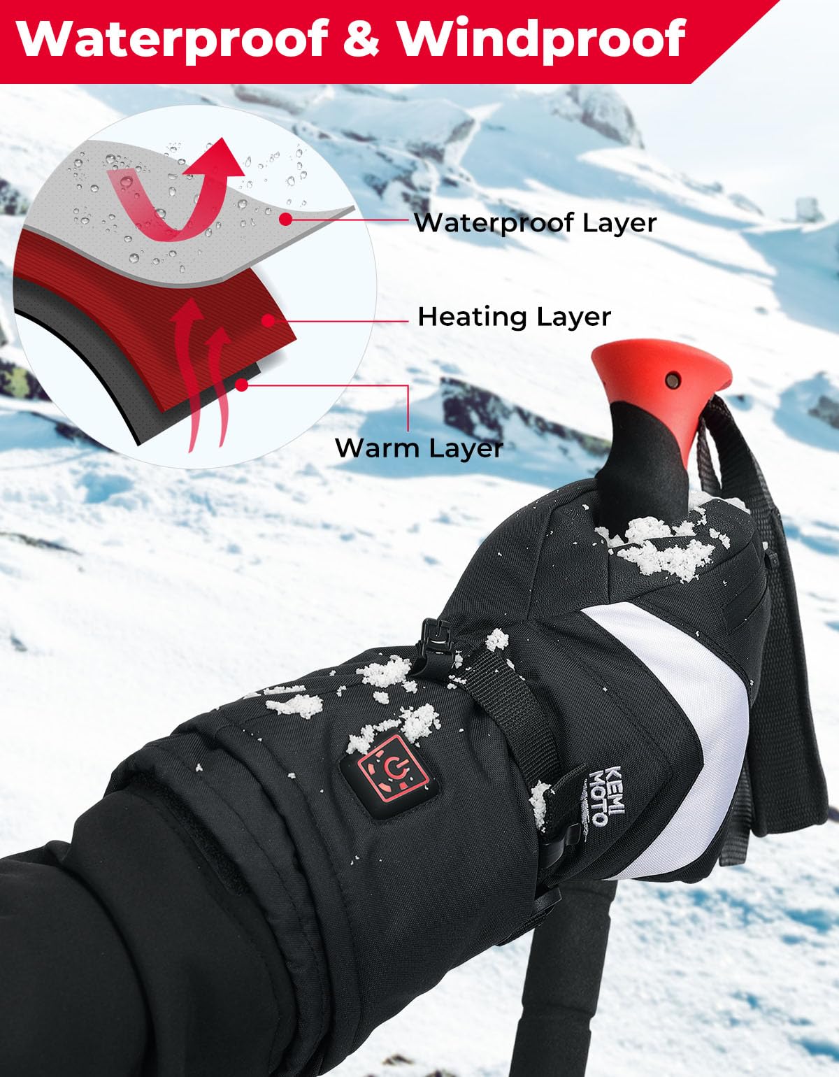 KEMIMOTO Heated Mittens for Men Women Rechargeable, Ski Mittens Gloves Electric 2PCs Battery with Touchscreen Waterproof Hand Warmer for Winter Skiing Snowboarding Hiking Climbing Camping, Size L