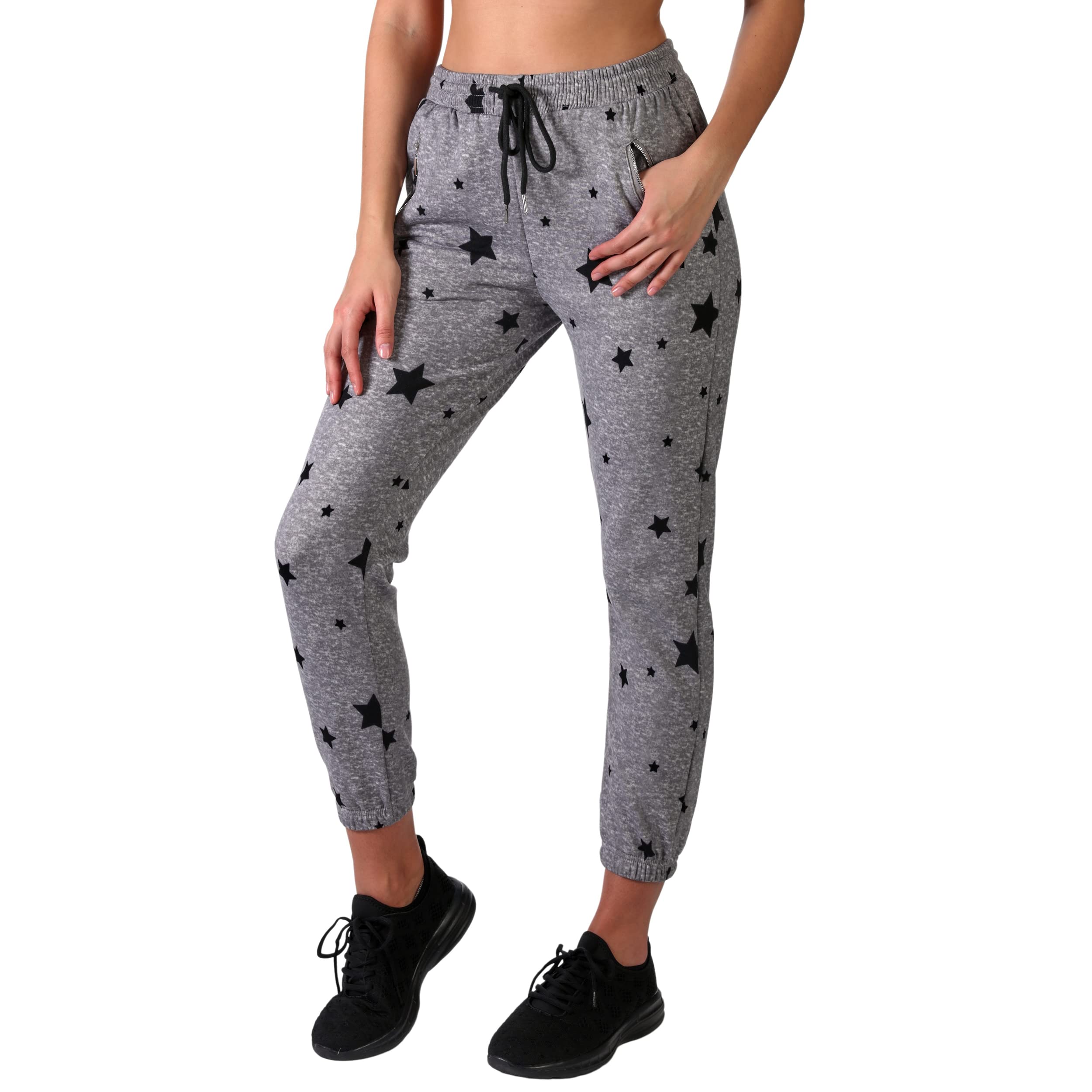 Indero Women's Soft Star Joggers Gray Active Sweatpants with Pocket Relaxed Fit - Heather Grey Black Stars L XL