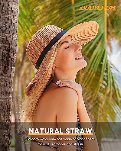 Womens Wide Brim Straw Sun Hat UV Protection UPF50 Foldable Beach Hat Floppy Packbale Summer Hat Travel(Khaki)