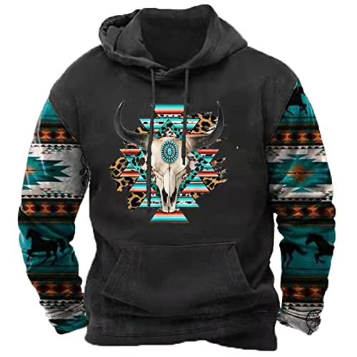 Mesh Vests for Men Men's Western Aztec Print Sweatshirt Long Sleeve Geometric Print Hoodies Drawstring Hooded Pullover Blouses with Pocket(B- Black,X-Large)