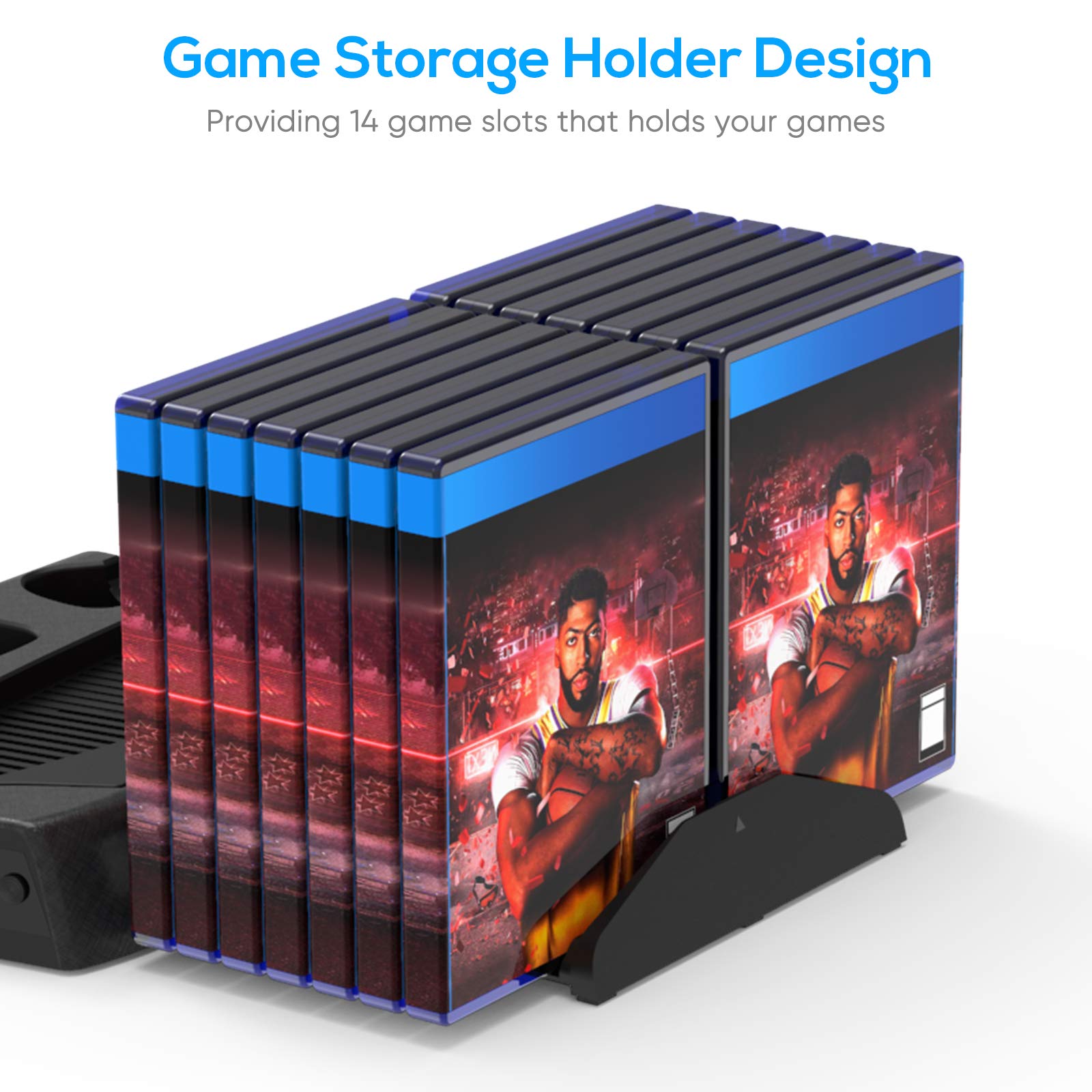 MENEEA Vertical Stand for PS5 Digital Edition/Ultra HD with Dual Controller Charging Station & Suction Cooling Fan & 14 Retractable Game Slots, for PS5 Gaming Accessories for PS5 Console