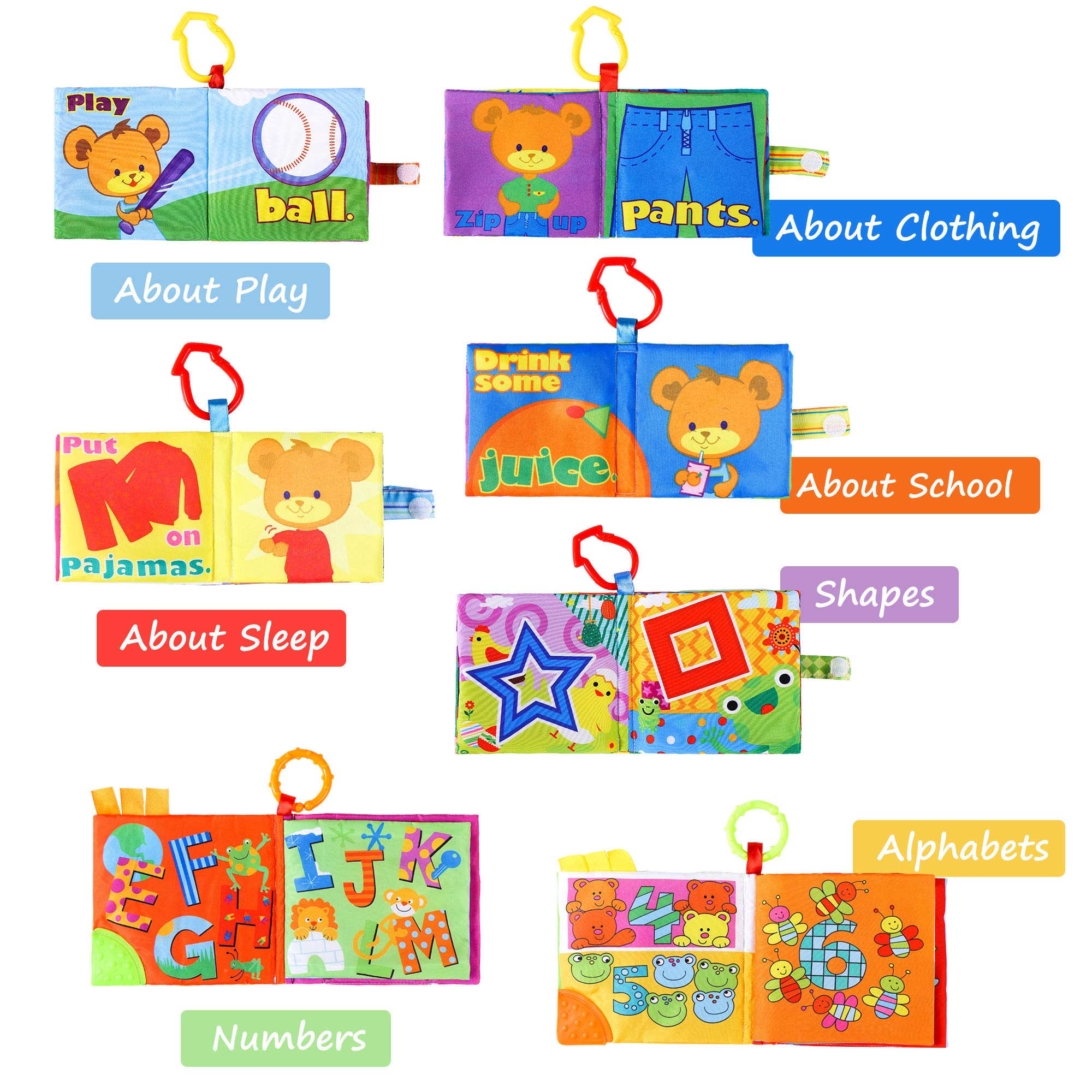 KIDAMI Baby Soft Books with Teether and Crinkle Paper 7pcs Waterproof Bath Book, First Year Book for Learning Numbers and Alphabets and Telling Stories, Gift for Infant, Baby and Toddler