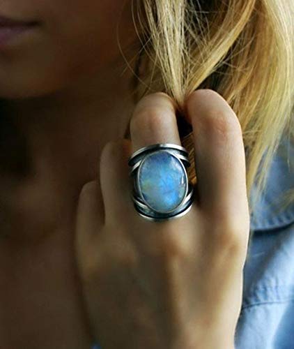 Kuyiuif Vintage Silver Ring Sterling Silver Moon Moonstone Ring for Women Gemstone Boho Jewelry Wedding Bridal Ring (US 9)