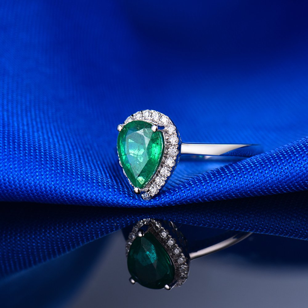 Lanmi 14K White Gold Natural Green Emerald Rings Brilliant Diamond Engagement Wedding for Women Promotion