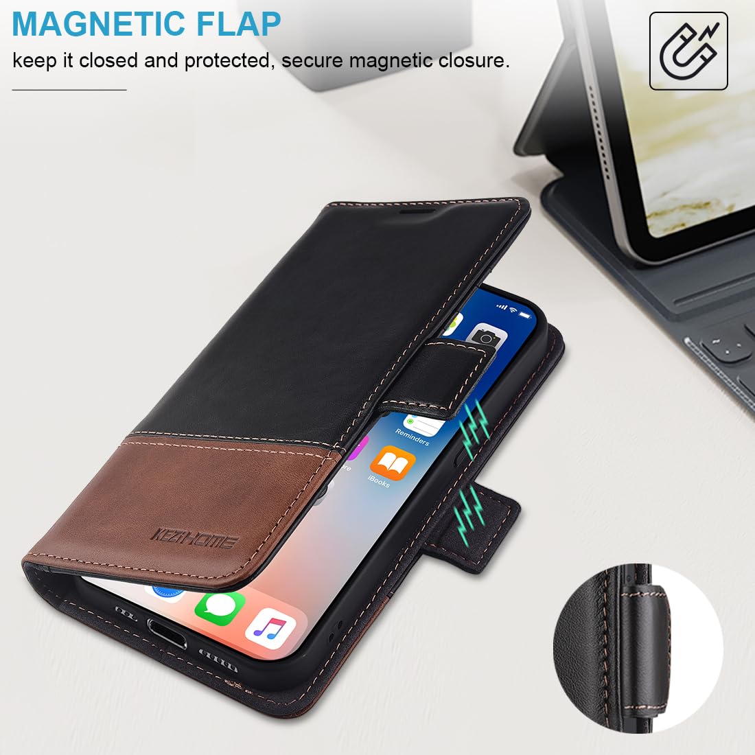 KEZiHOME iPhone 15 Pro Max Wallet Case, Genuine Leather [RFID Blocking] iPhone 15 Pro Max Case Card Slot Magnetic Stand Phone Cover Flip Case Compatible with iPhone 15 Pro Max 5G (Gray/Brown)