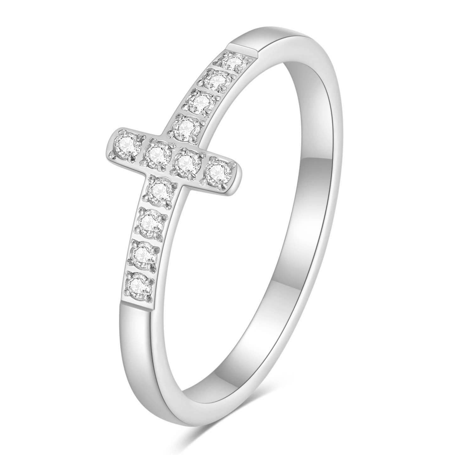 MYNENEY 14K Gold/Silver Plated Wedding Bands for Her Cubic Zirconia Eternity Stackable Engagement Ring for Women Size 4-10 (2MM Cross Silver, 7)