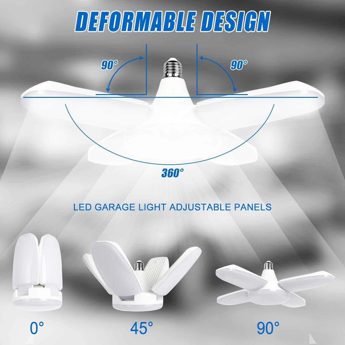 LED Garage Lights, 60W 6000LM Deformable Garage Light with Extension Lamp Holders, E26 Daylight White with 4 Adjustable Panels, 6500K LED Shop Light for Garage Basement Warehouse Workshop
