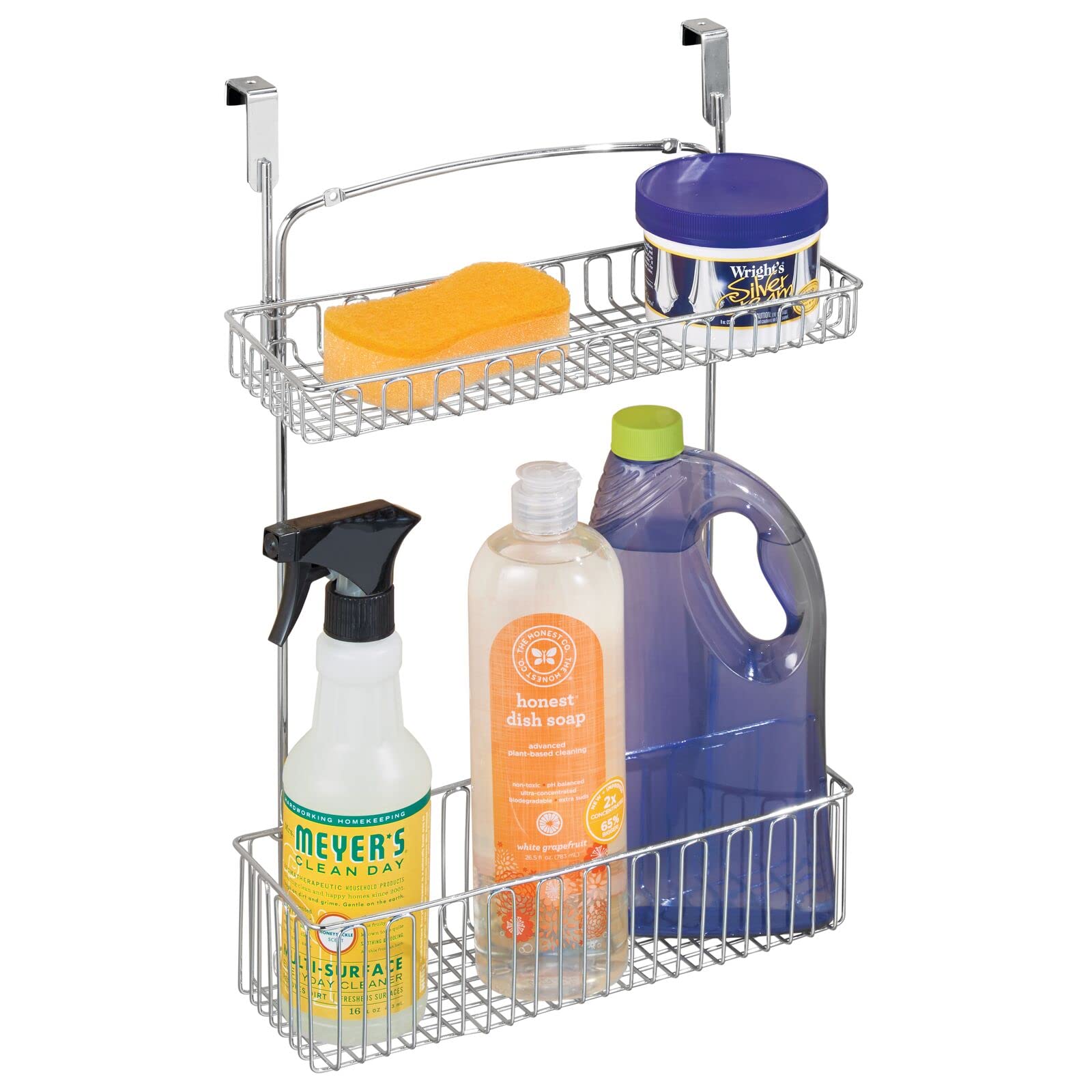 mDesign Steel Over Cabinet Kitchen Storage Organizer Holder or Basket - Hang Over Cabinet Doors in Kitchen, Pantry, Bathroom - Holds Dish Soap, Window Cleaner - Concerto Collection - Chrome