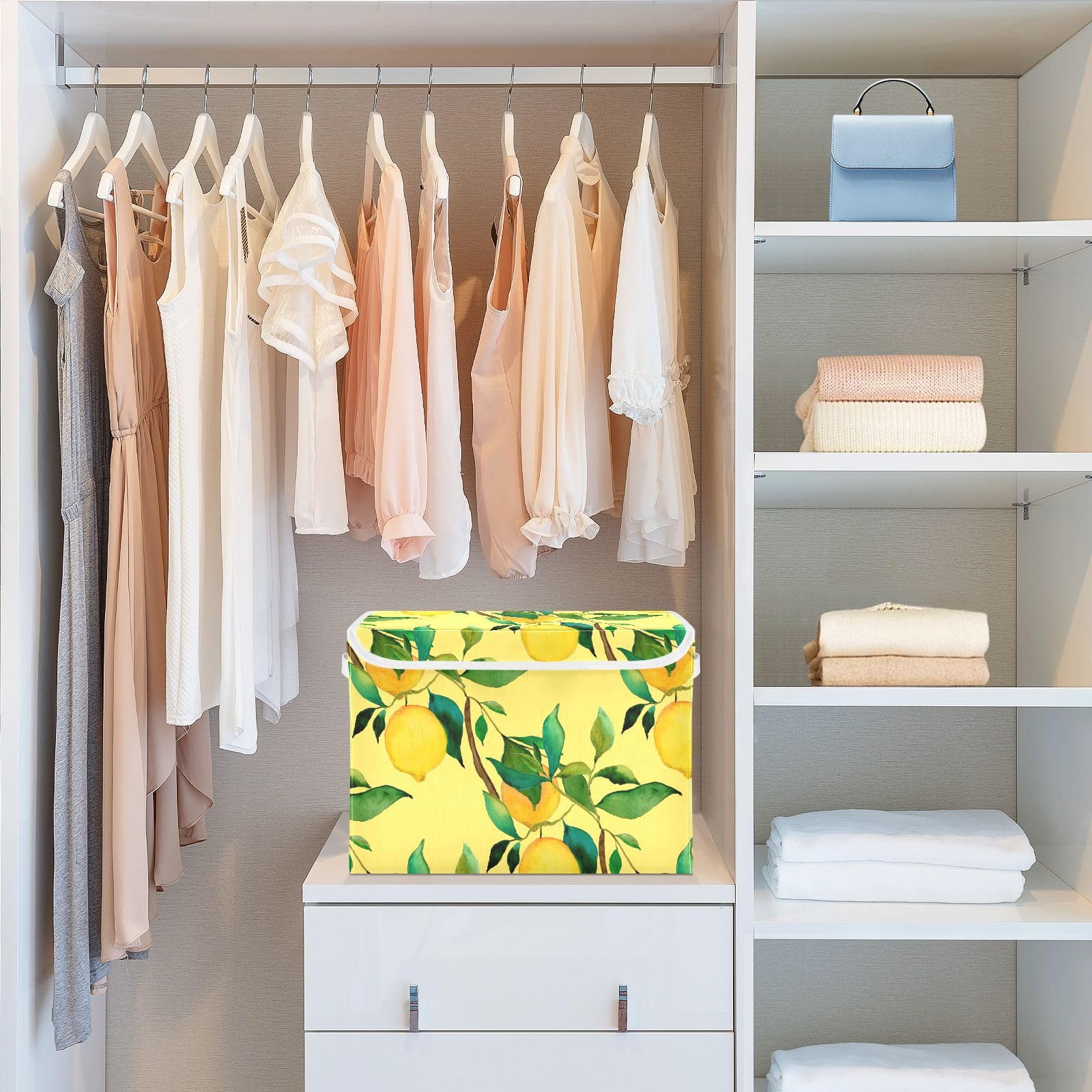 Krafig Retro Lemon Decorative Storage Box with Lid Large Bins Baskets Foldable Cube Organizer Collapsible Containers for Organizing, Toy, Home, Shelf, Closet