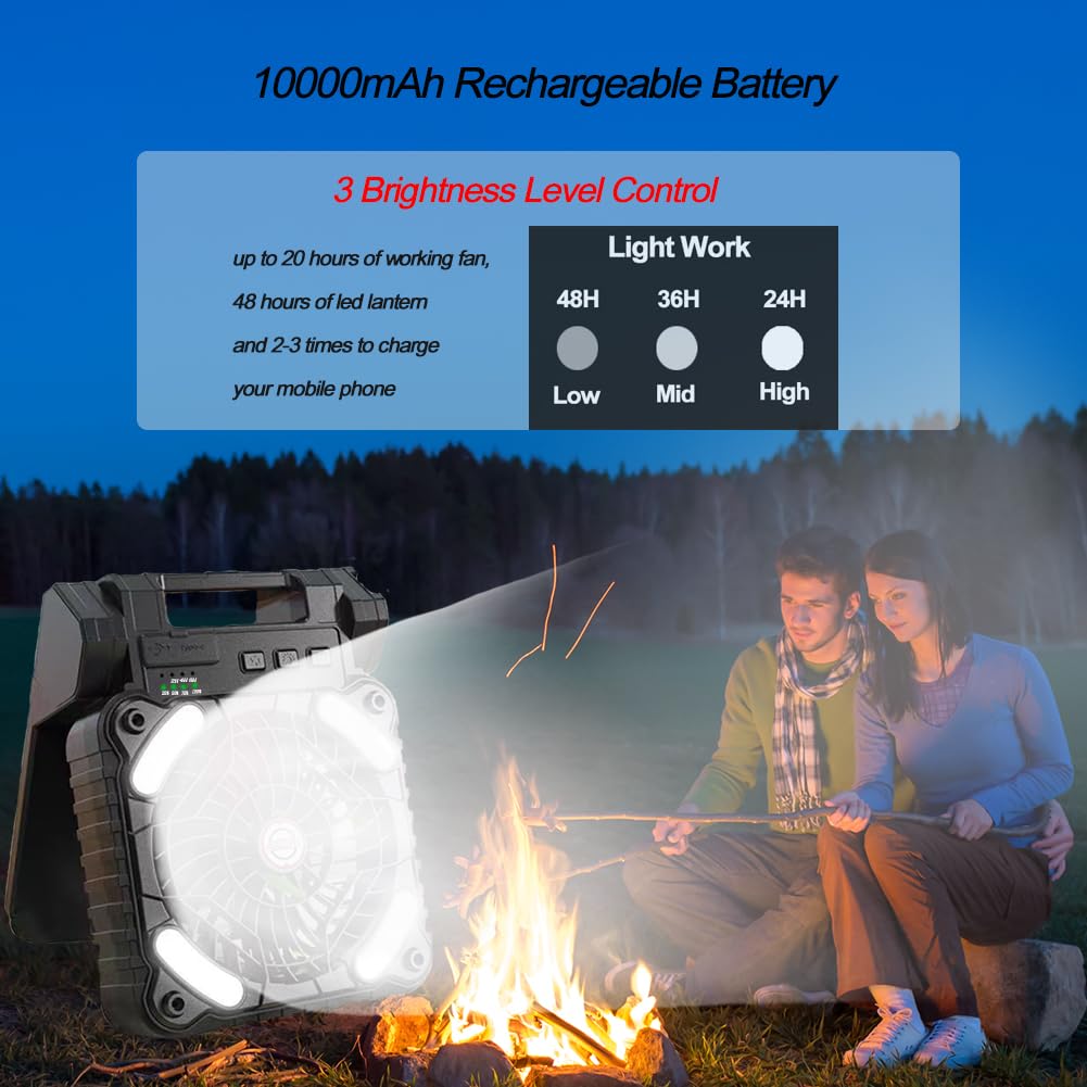 Sireck Solar Powered Camping Fan with LED Lantern,10000mAh Rechargeable Battery Operated Portable Fan,4 Speeds/Timer/Power Bank 90° Folding USB Personal Desk Fan (Black&Orange)