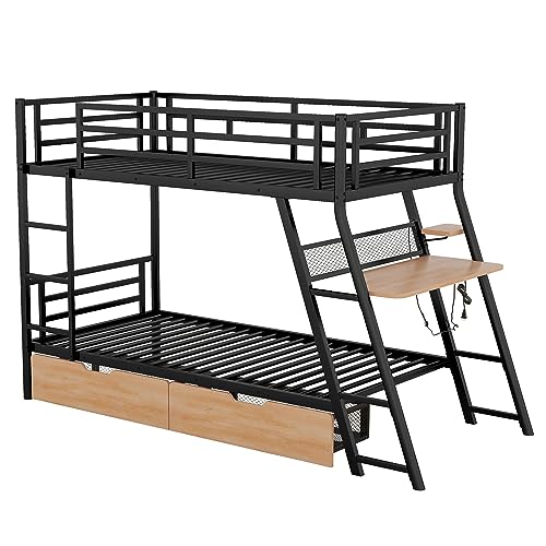 WADRI Modern Twin Size Bunk Bed with Built-in Desk and 2 Drawers, Metal Bunk Bed Frame with Light and Metal Slat Support for Kids Teens Boys Girls Bedroom