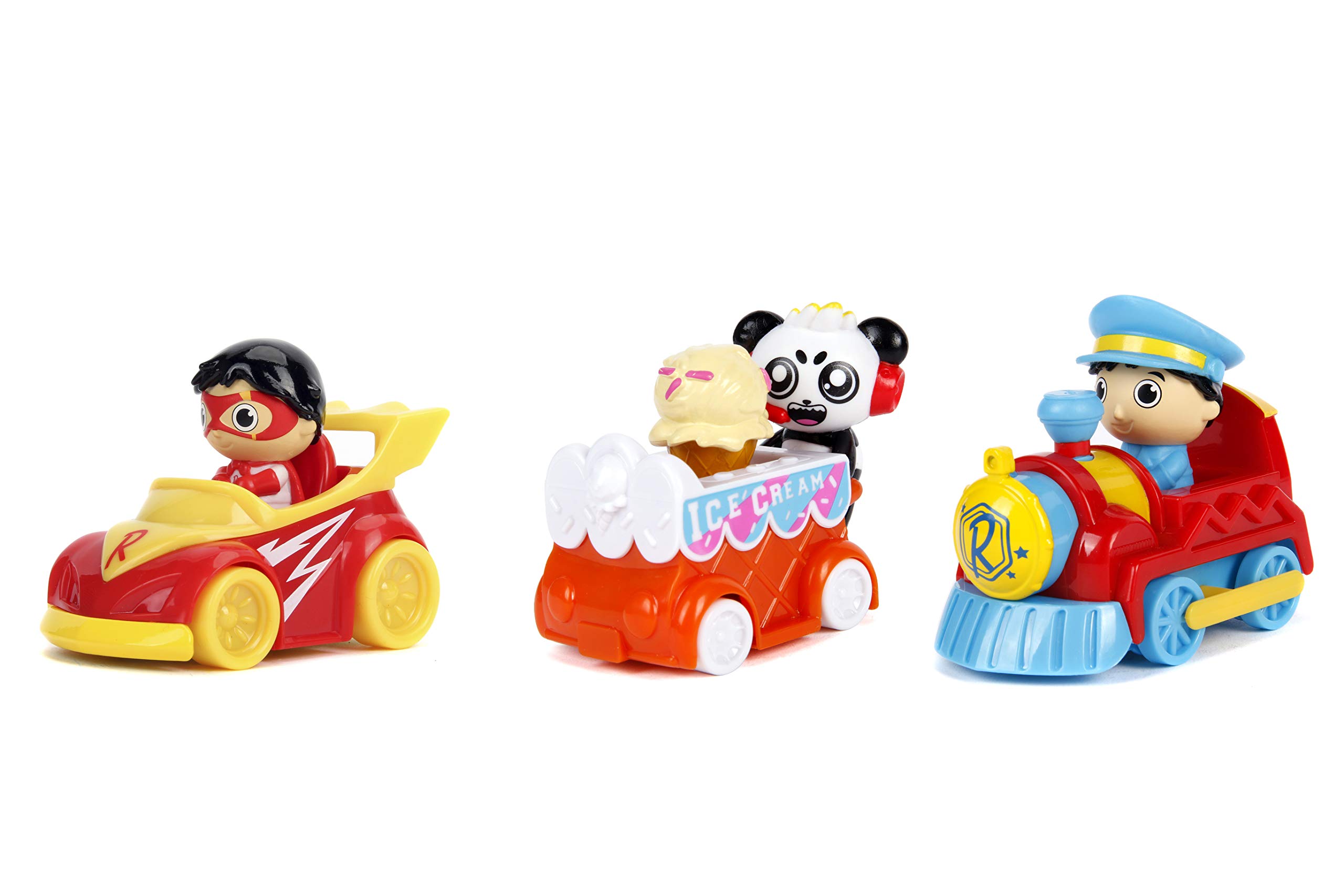 Jada Toys Ryan's World Racers 3 Pack Vehicle Set, Red Titan's Supercar, Ryan's Train, Combo Panda's Ice Cream Cart