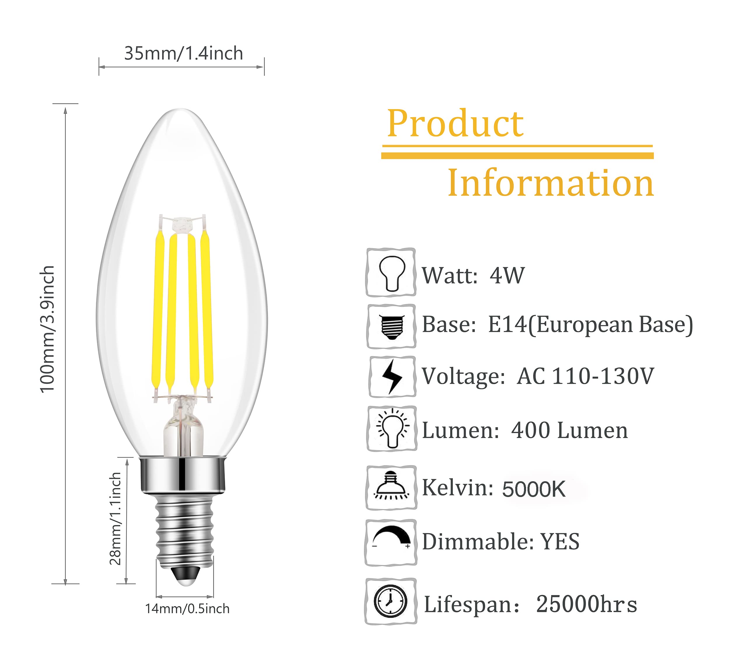 Lamsky E14 LED Bulb Dimmable,110V 400LM 40W Equivalent Daylight White 5000K,E14 European Base Candelabra LED Bulbs,C35 Clear Glass Torpedo Shape Bullet Top(12-Pack)