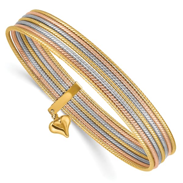 IceCarats 14K Dangling Heart Love Tri Color Gold Set of 7 Slip On Bangle Bracelet