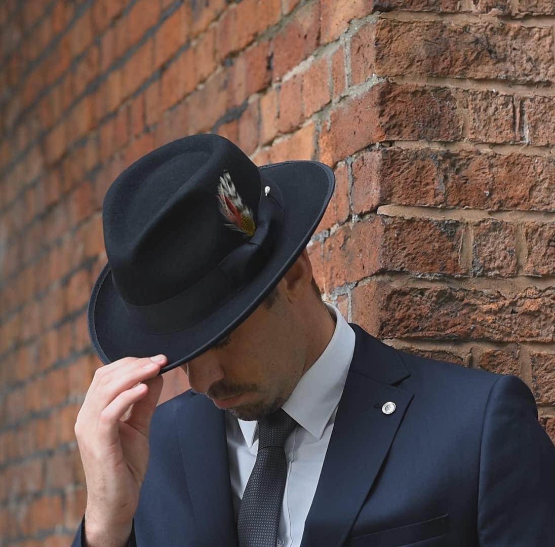 Mens Black Fedora Hats, Medium Brim Fedora, 100% Wool Crushable Hat, Packs Easy, Stain Resistant, Stylish Fedora