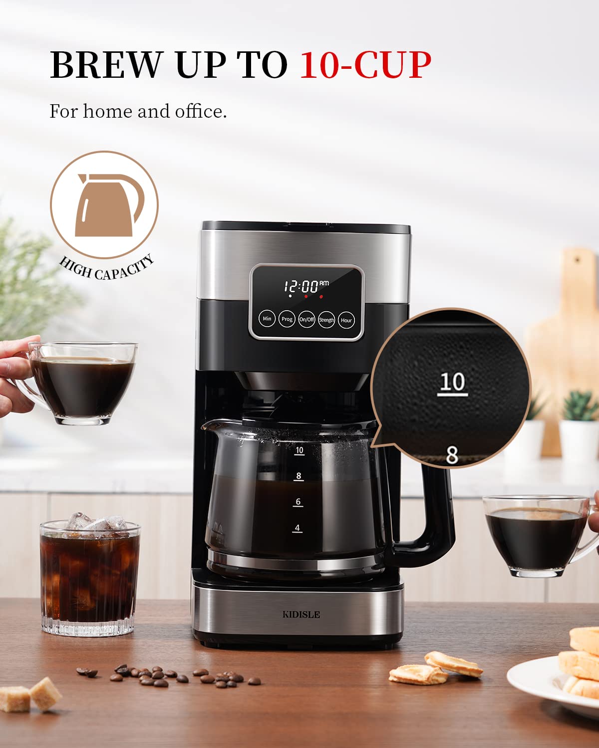 KIDISLE Programmable Drip Coffee Maker with Regular & Strong Brew, Warming Plate, 10 Cup Small Coffee Machine with Touch Screen, Glass Carafe and Reusable Filter for Home and Office, Stainless Steel