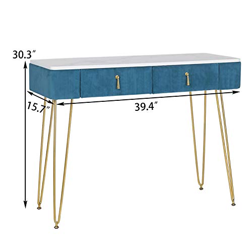 Joveco 39’’ Vanity Table with 2 Drawers- Modern Makeup Vanity Desk- Dressing Table Small Desks for Bedrooms- Home Office Computer Desk- White Marble Wood Veneer/Gold Metal Legs/Blue Soft Microfiber