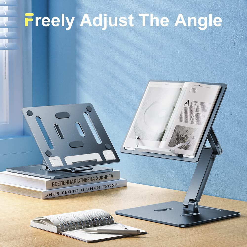 OATSBASF Adjustable Book Stand for Reading, Foldable Book Holder Multi Heights Angles Cooking Bookstands, Laptop Stand, Tablet Stand for Child Textbook/Recipe/Magazine/Pad (Blue Grey)